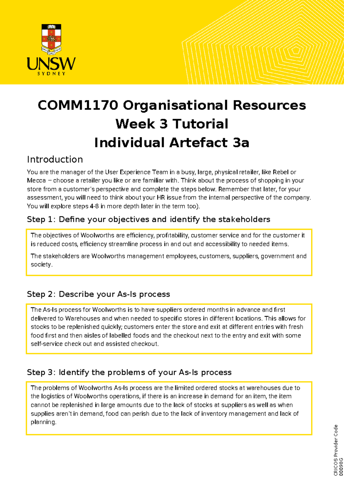 V2 Tutorial Worksheet 1 (Artefact 3a) - COMM1170 Organisational ...