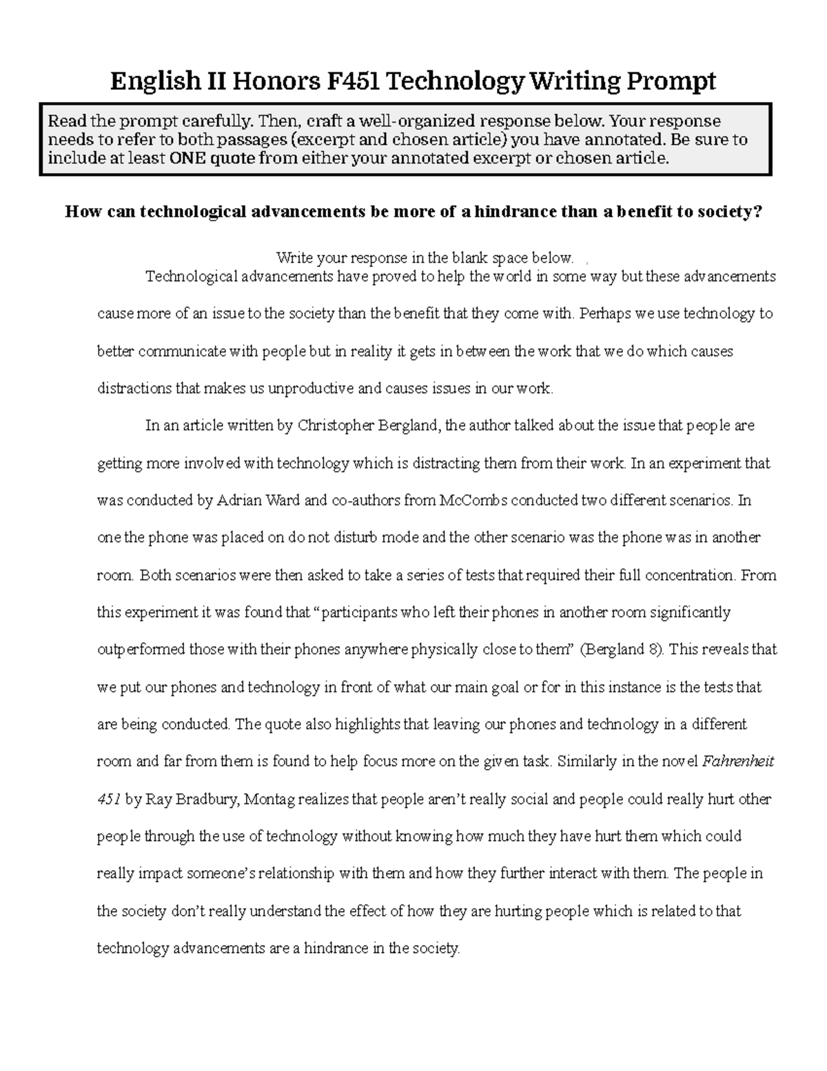 Copy of F451 Writing Prompt (Technology) - English II Honors F451 ...