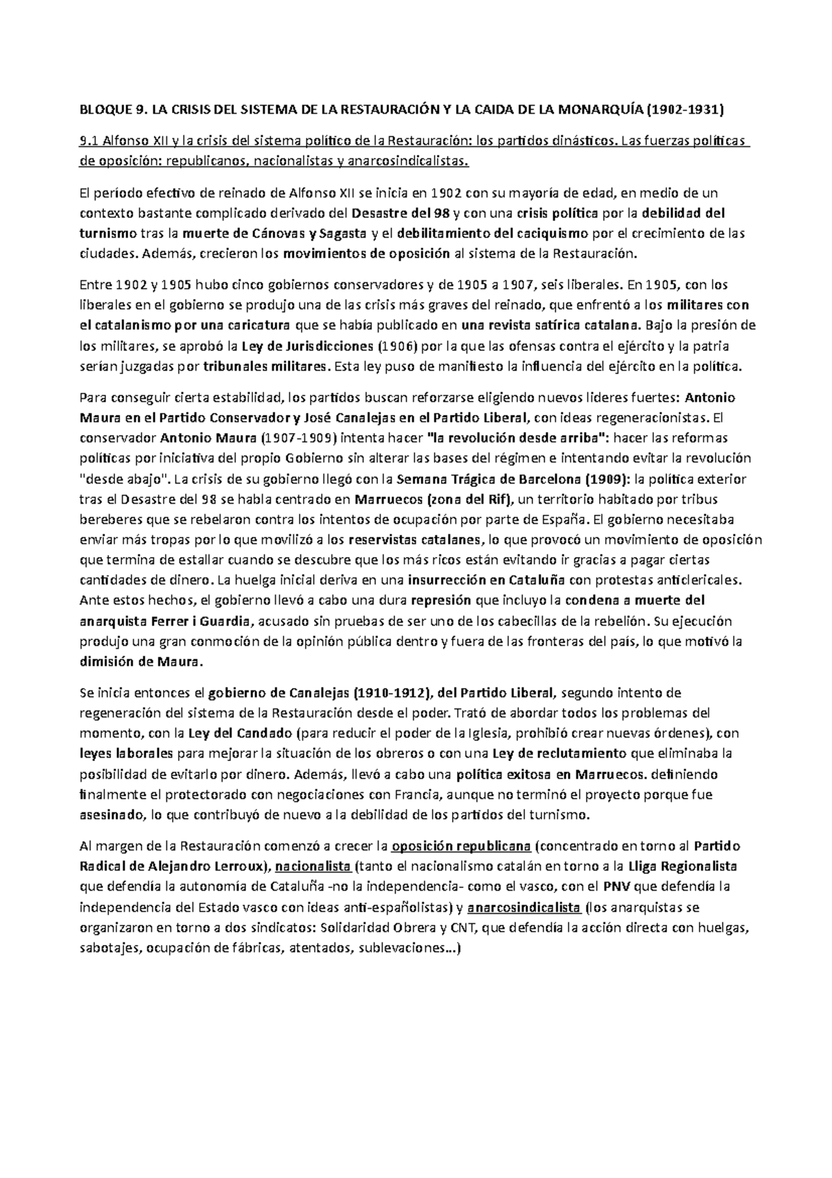 TEMA 9 Historia DE España - BLOQUE 9. LA CRISIS DEL SISTEMA DE LA RESTAURACIÓN Y LA CAIDA DE LA ...