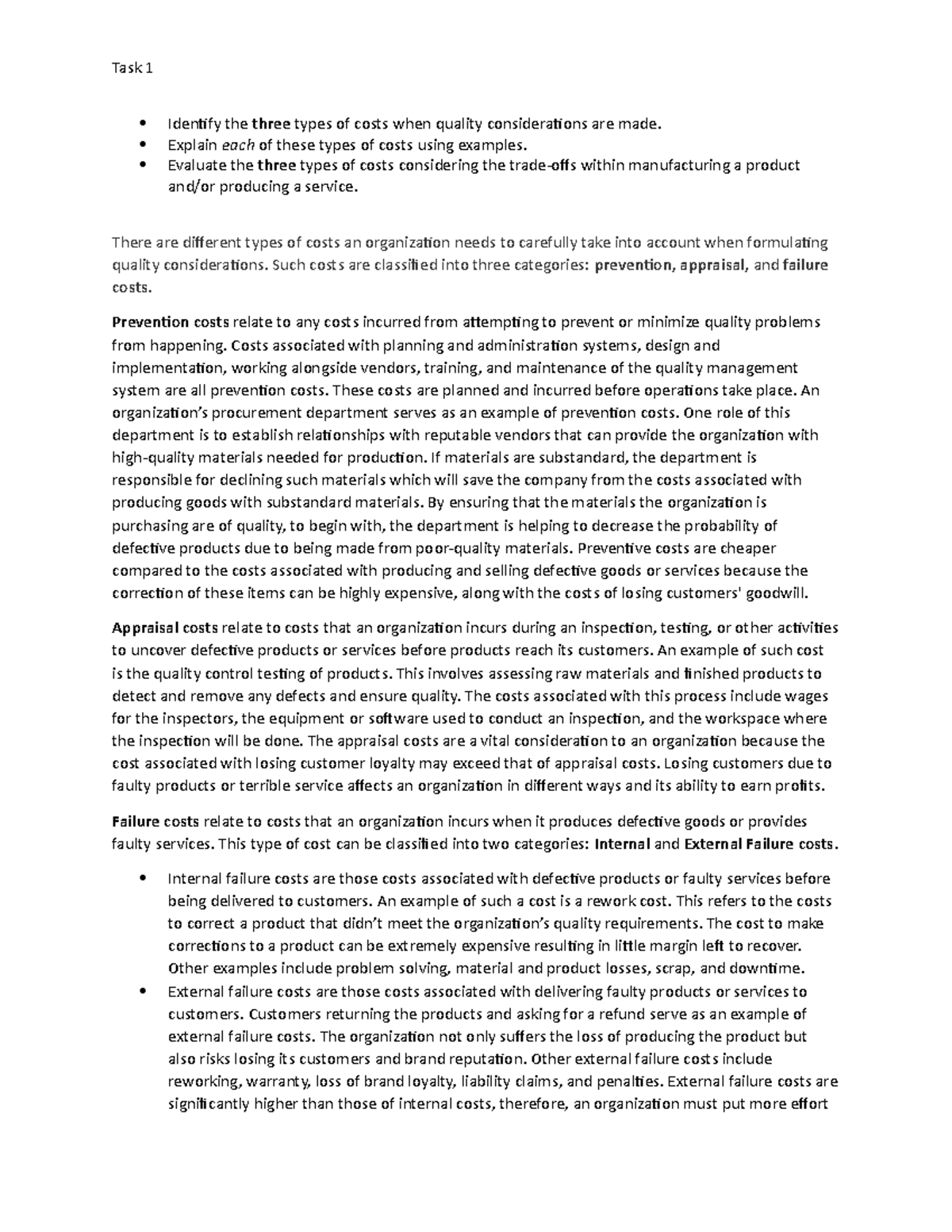 QHT1 Task 1 - Passed - Task 1 Identify the three types of costs when ...