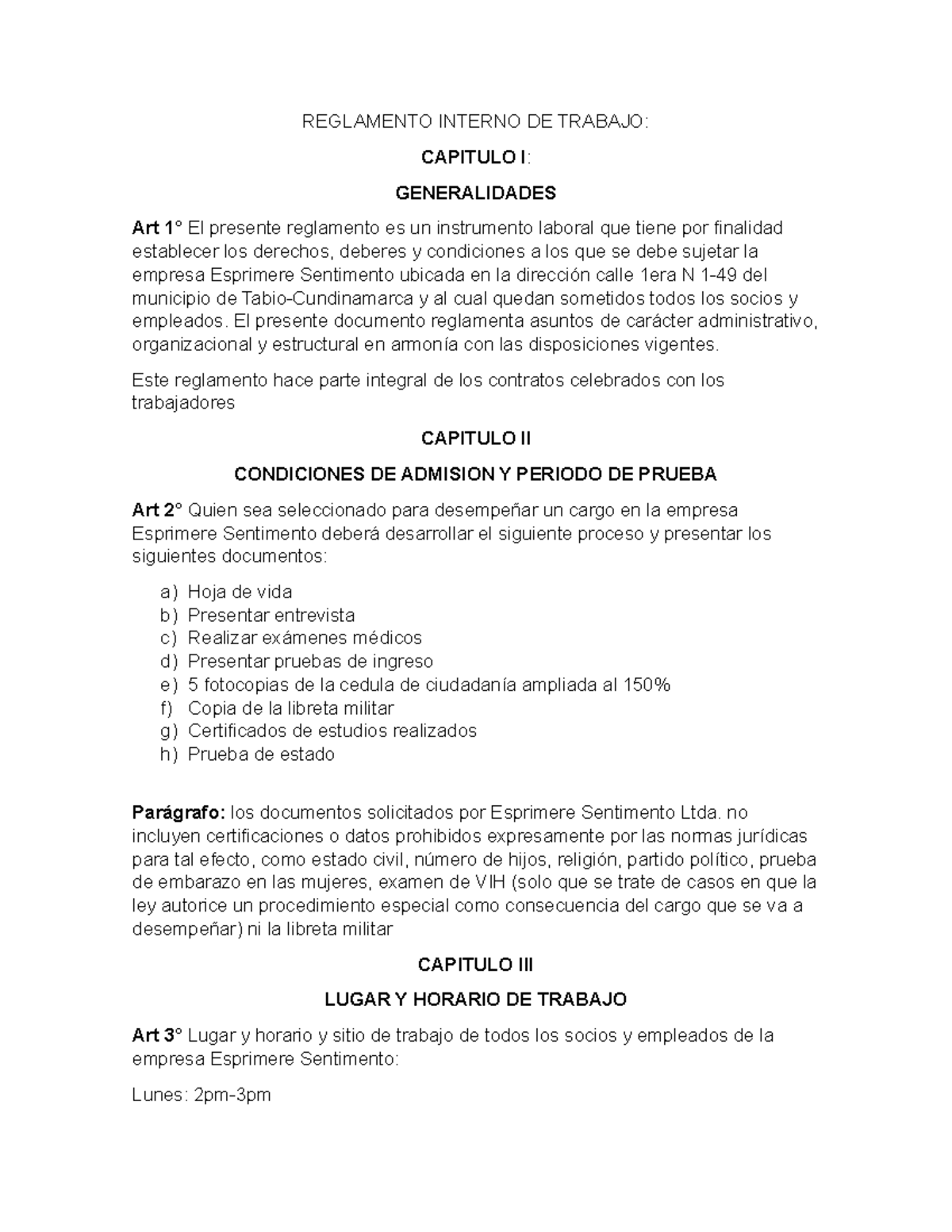 Reglamento interno de trabajo - REGLAMENTO INTERNO DE TRABAJO: CAPITULO ...