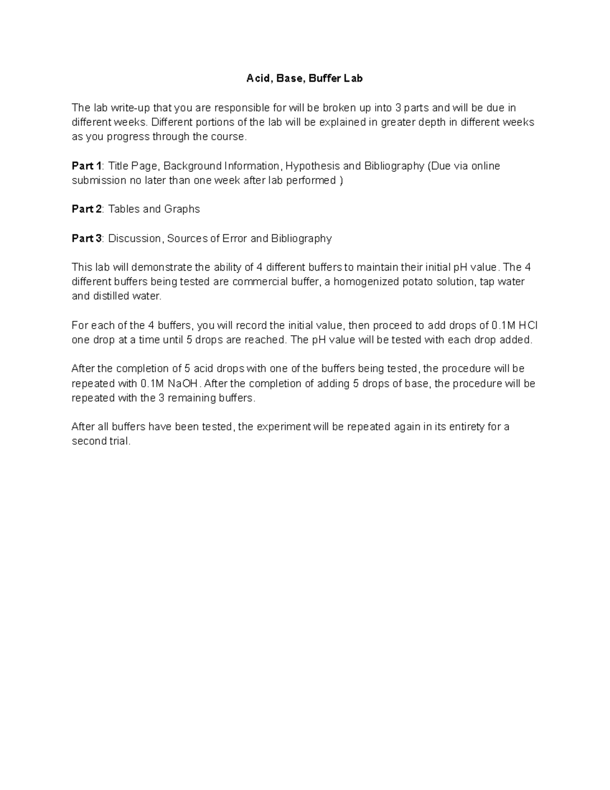 Buffer Lab Part 1 - idk - Acid, Base, Buffer Lab The lab write-up that ...