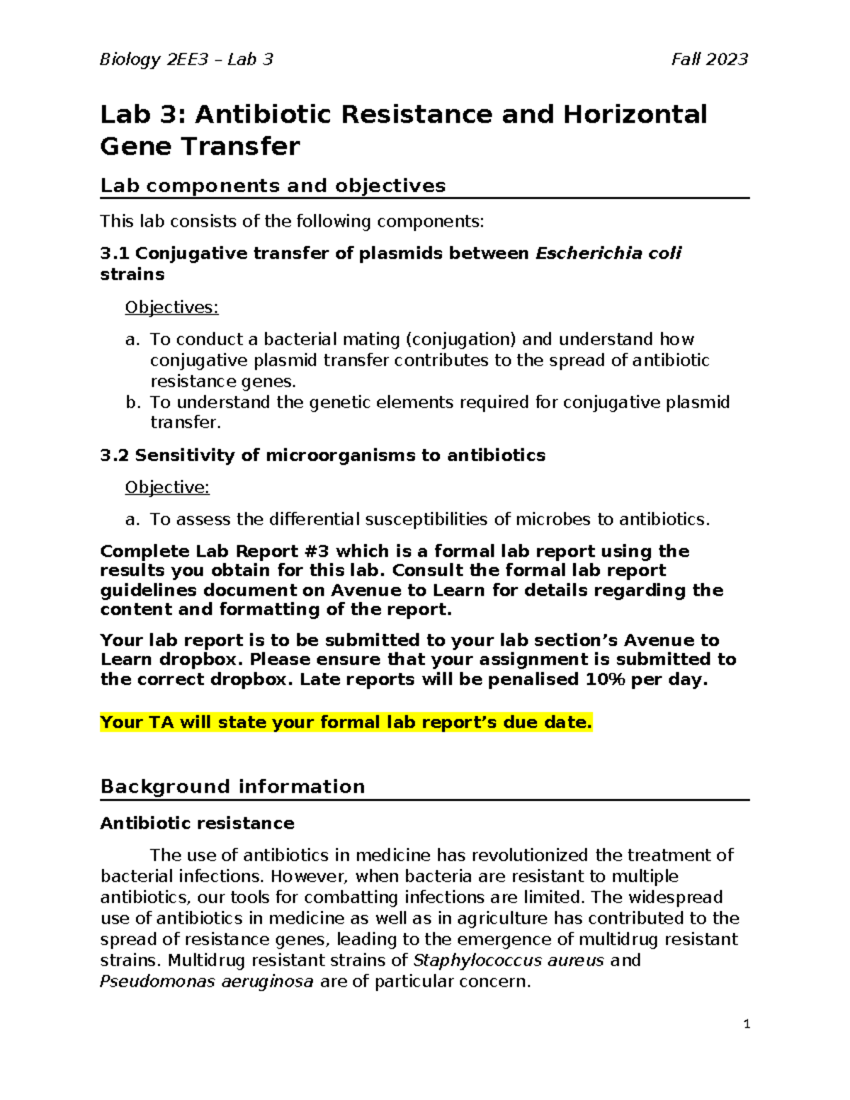 F23 Bio 2EE3 Lab 3 Manual - Lab 3: Antibiotic Resistance and Horizontal ...