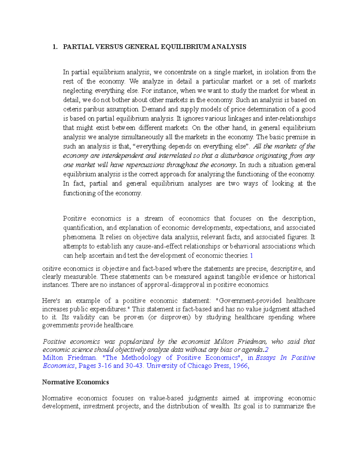 Economics Analysis (Auto Recovered) - 1. PARTIAL VERSUS GENERAL EQUILIBRIUM ANALYSIS In partial ...