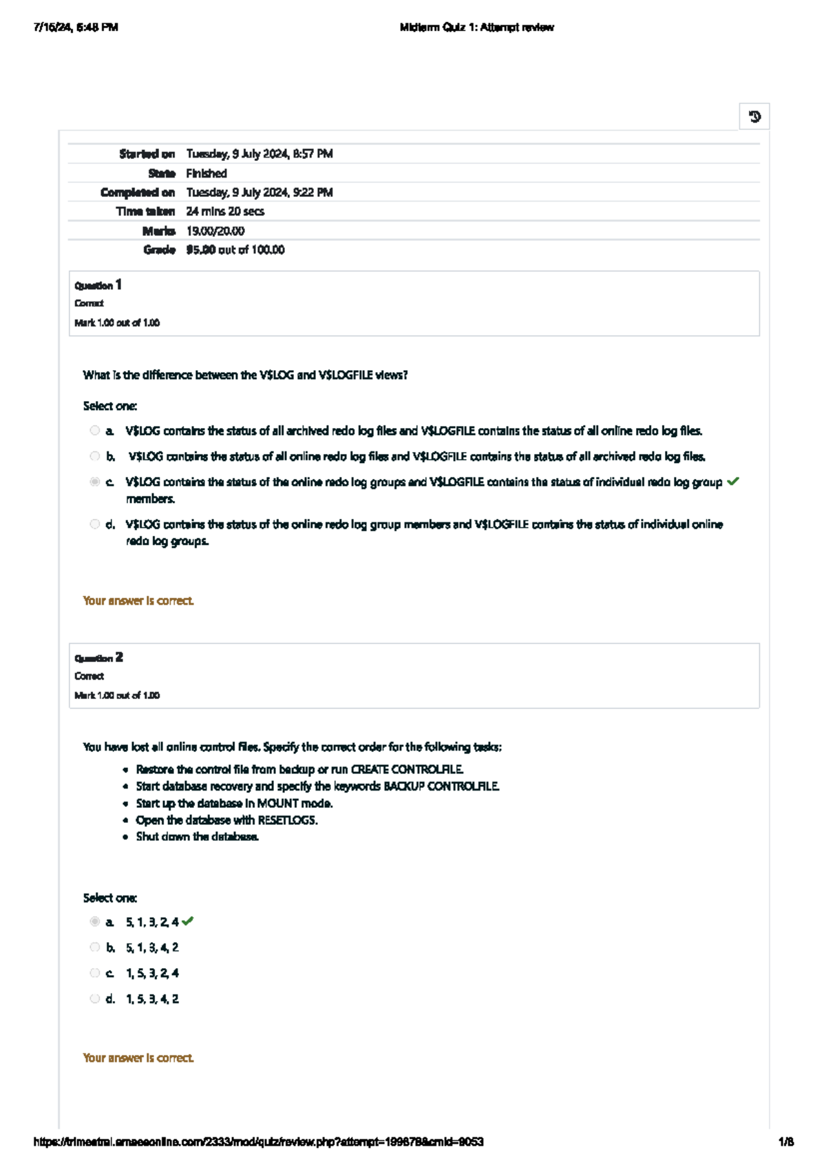 Database midterm quiz 1 - 6:48 PM Midterm Quiz 1: Attempt review Started on Tuesday, 9 July 2024 ...
