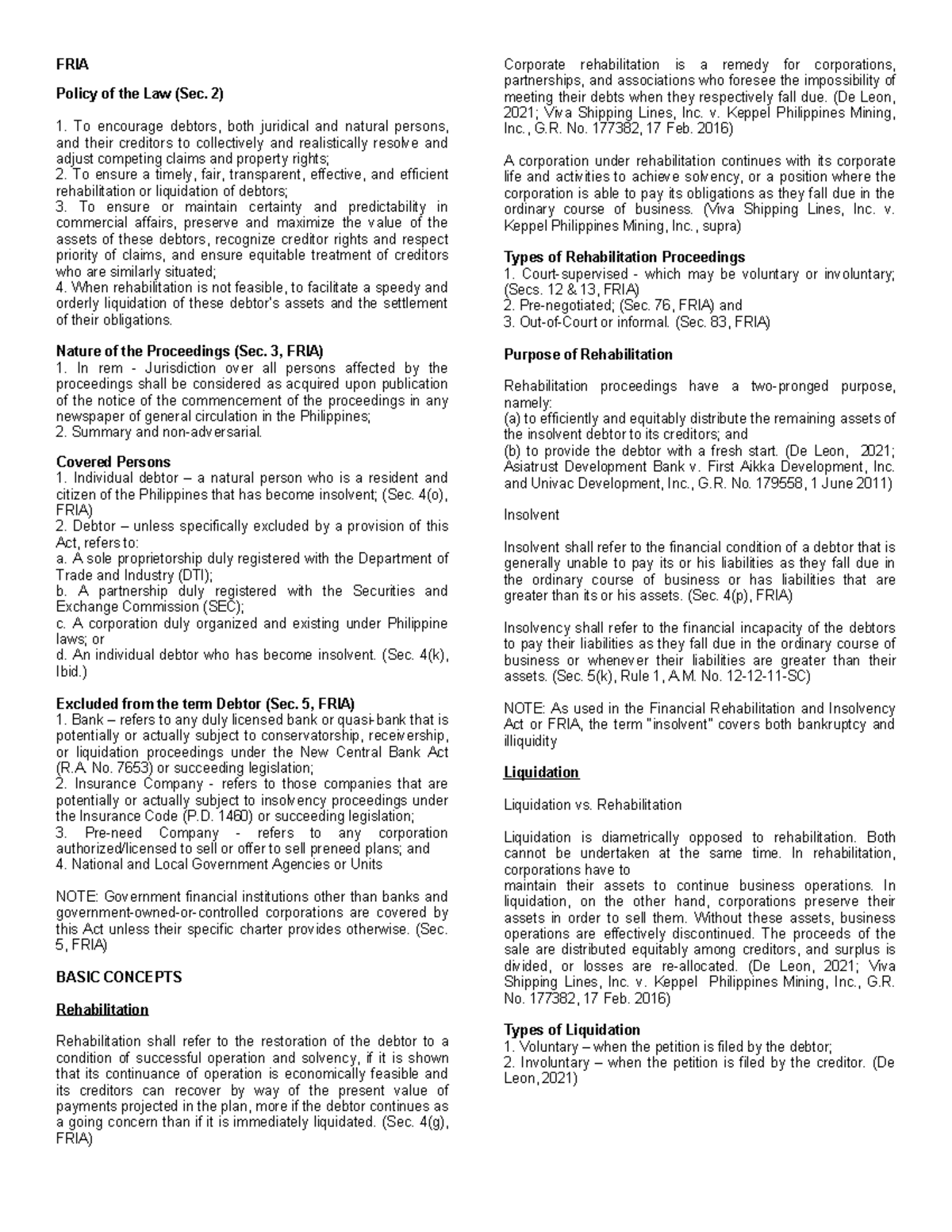 FRIA Notes - Summary - FRIA Policy of the Law (Sec. 2) To encourage ...