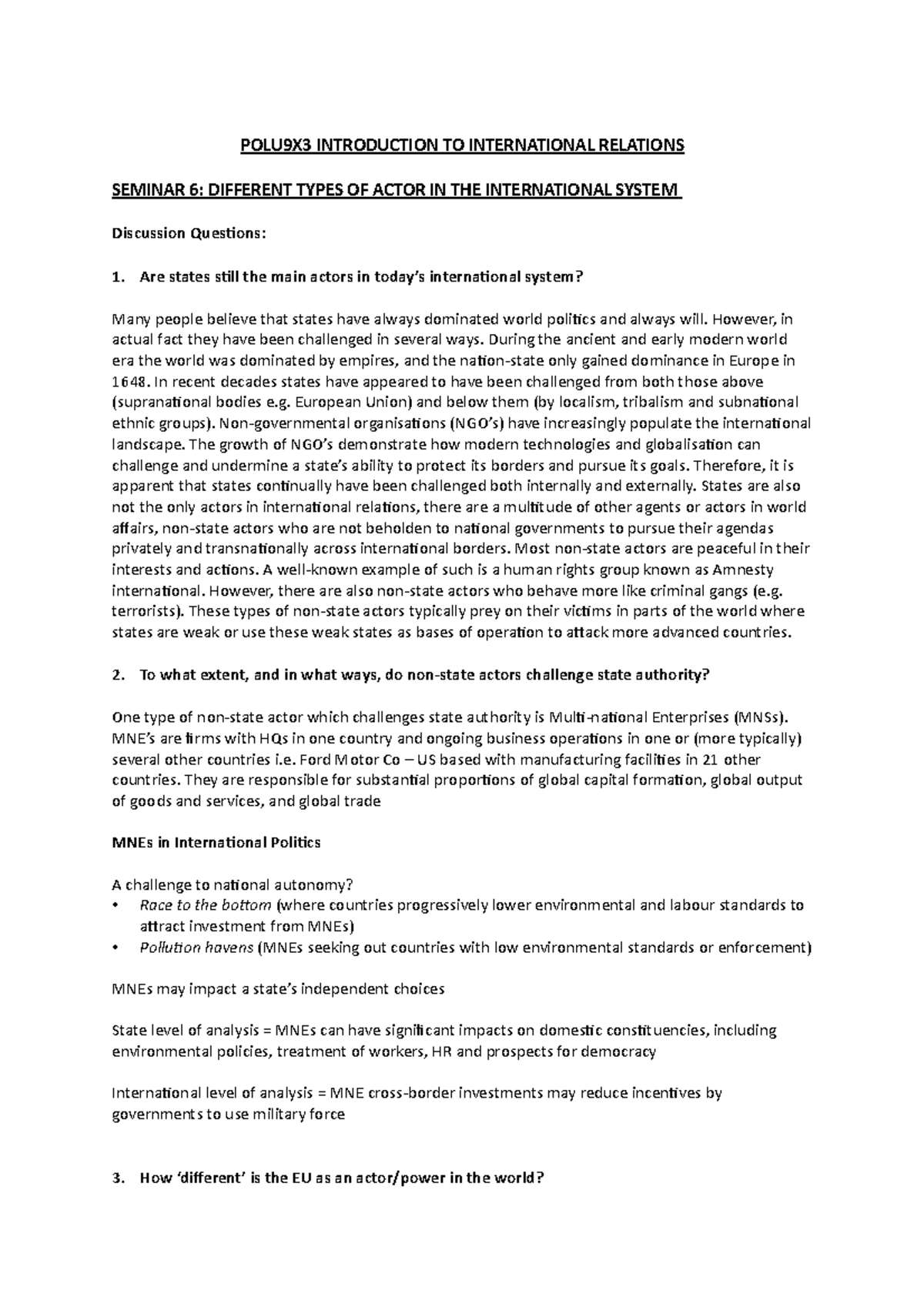 Seminar 6 - different actors in the international system - POLU9X3 ...