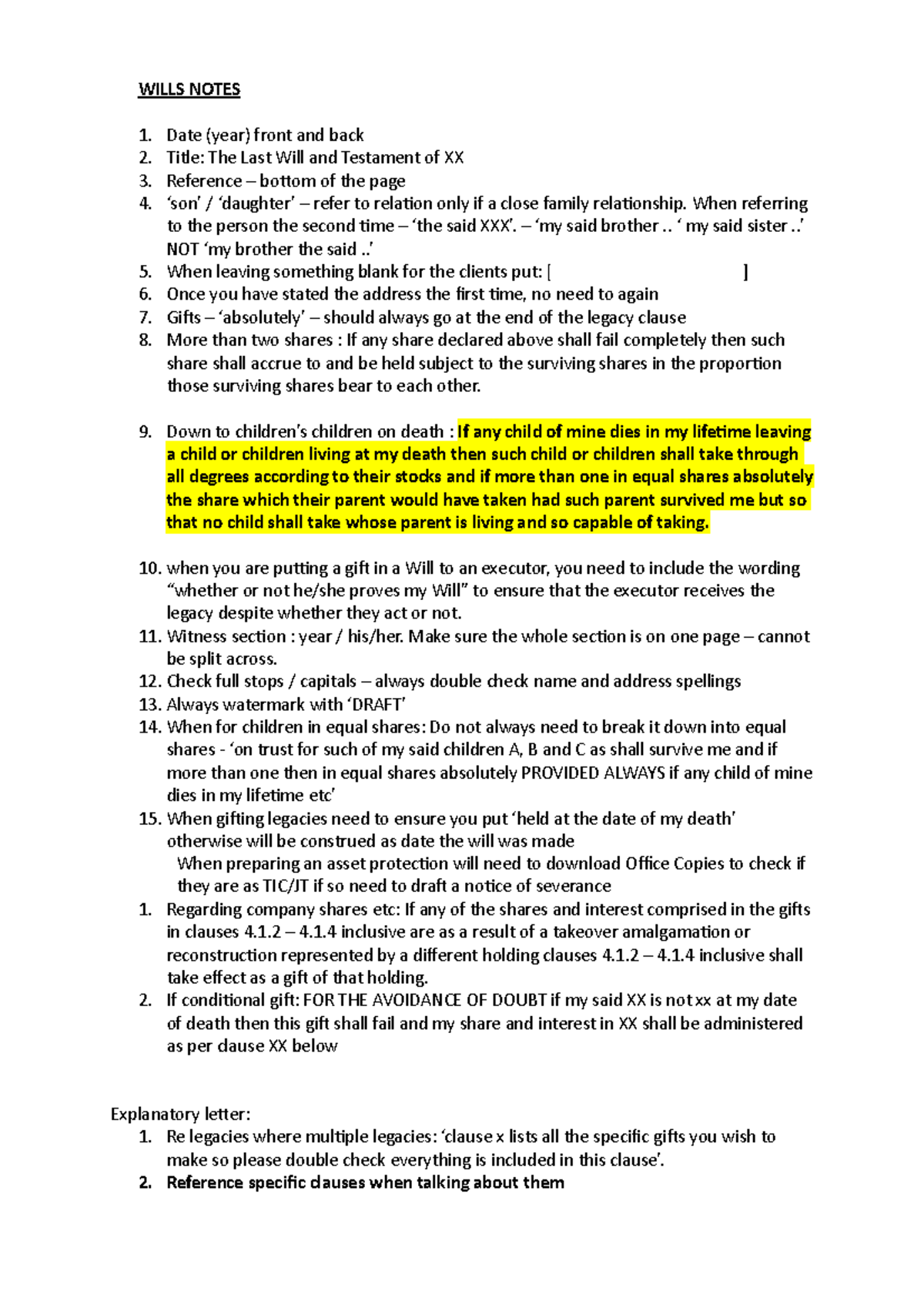 Will notes - WILLS NOTES Date (year) front and back Title: The Last ...