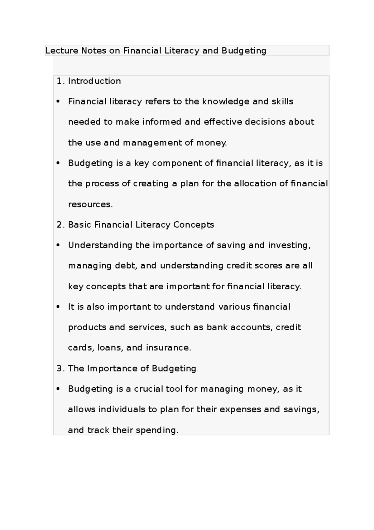 Lecture Notes on Financial Literacy and Budgeting - Lecture Notes on ...
