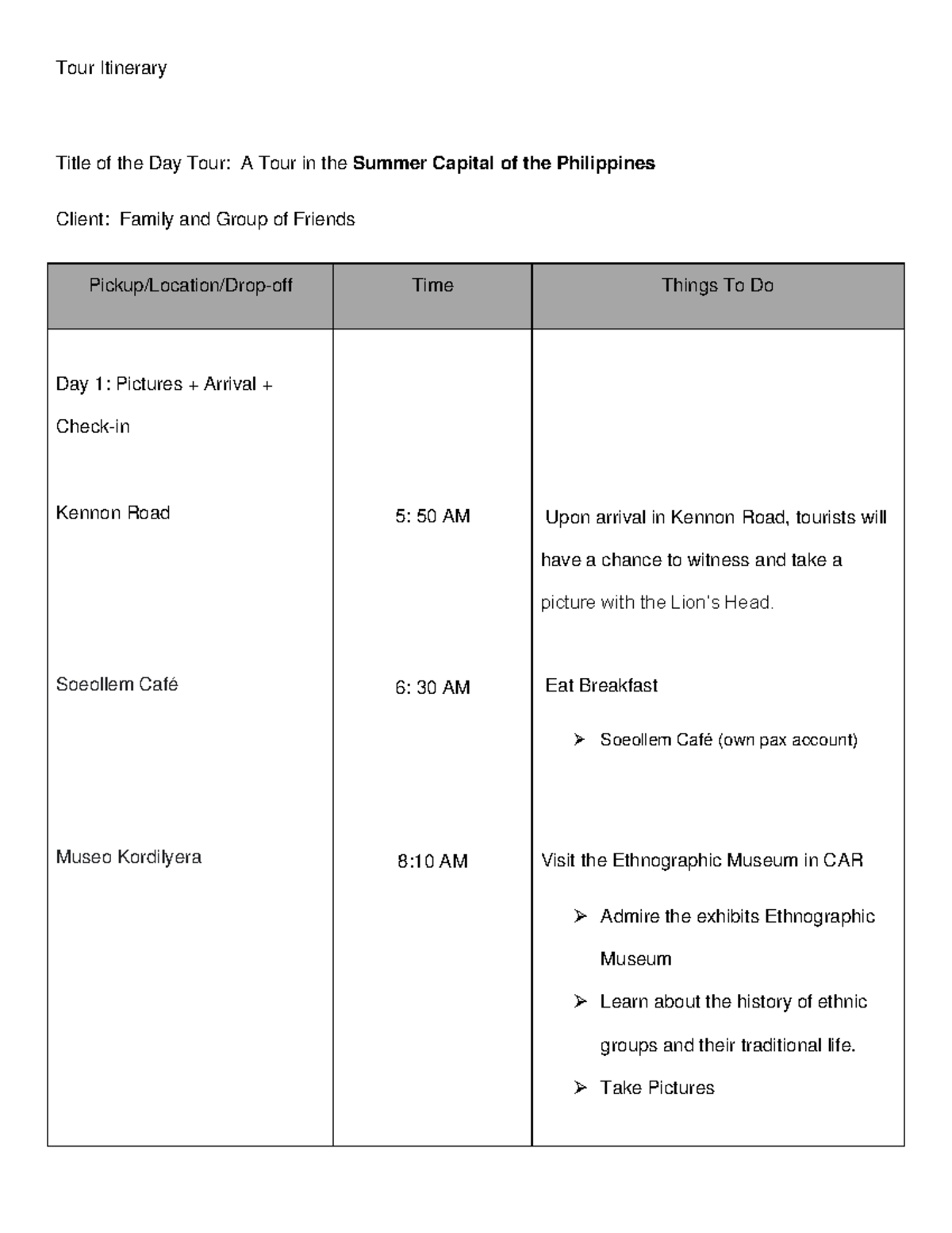 PF TOUR- Itinerary-1 - n/a - Tour Itinerary Title of the Day Tour: A ...