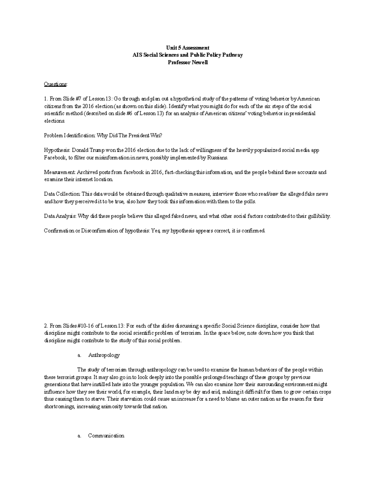 Unit 5 Assessment - assignment over content covered in unit 5 - Unit 5 ...