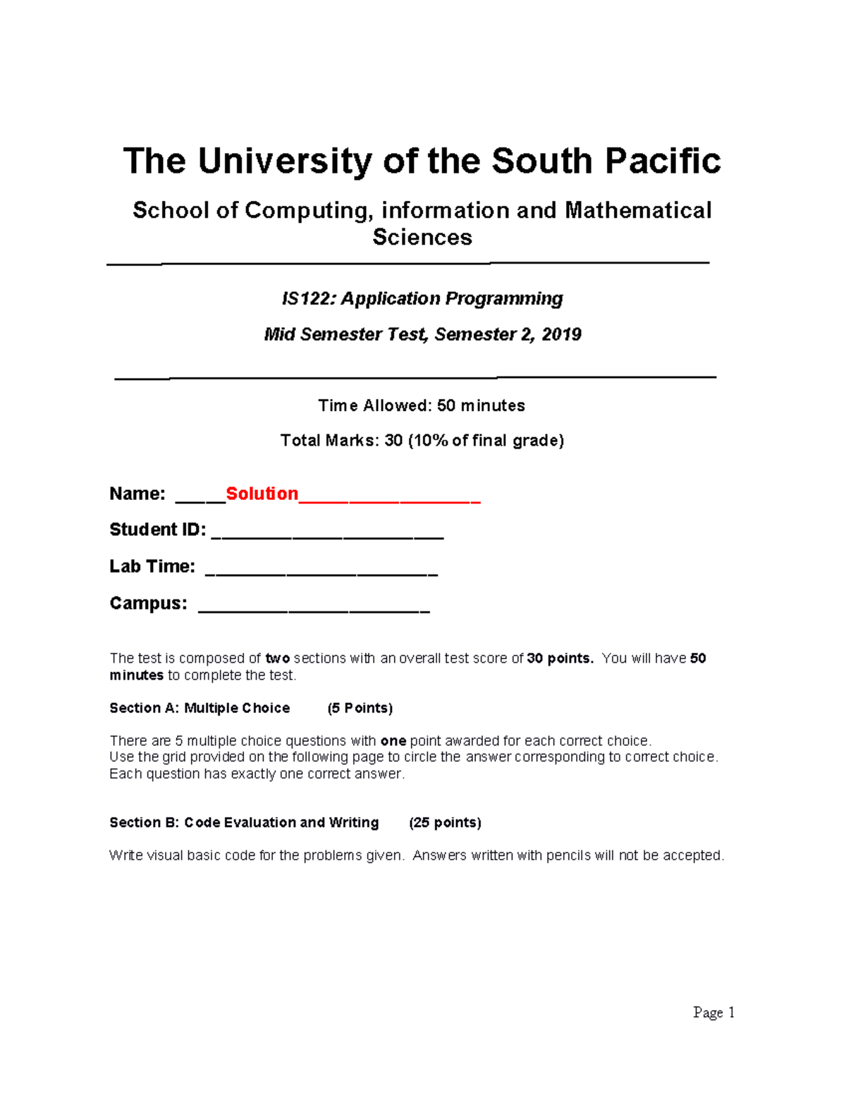 IS122 Mid Semester Test Solution Sem 2 2019 - The University of the ...