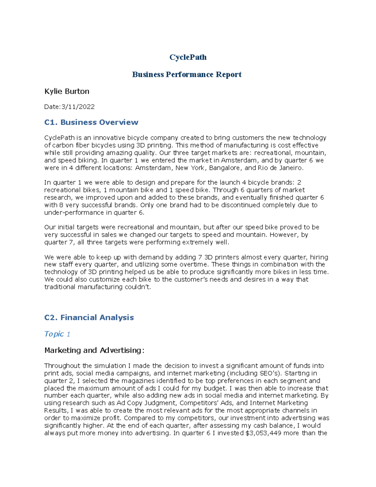 Business Performance Report Task 1 Cycle Path - CyclePath Business ...