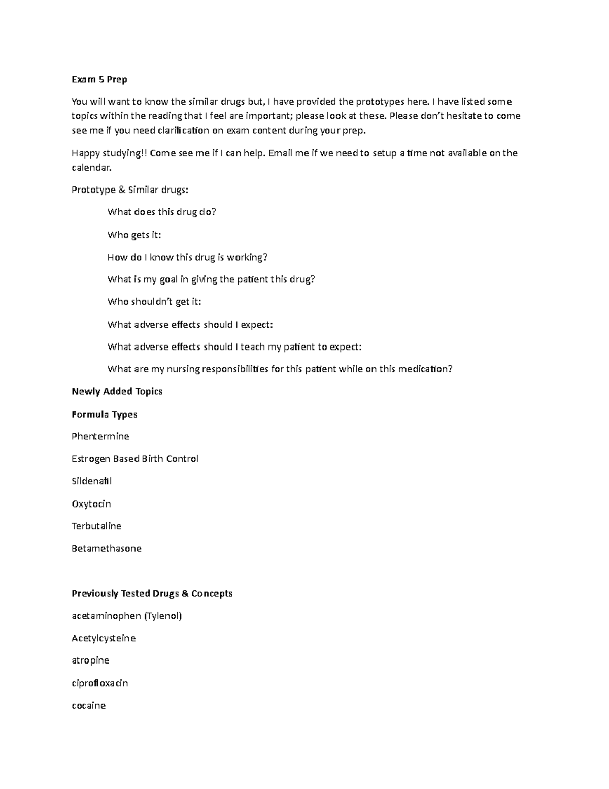 Exam Five Prep - Document includes medications as well as side effects ...