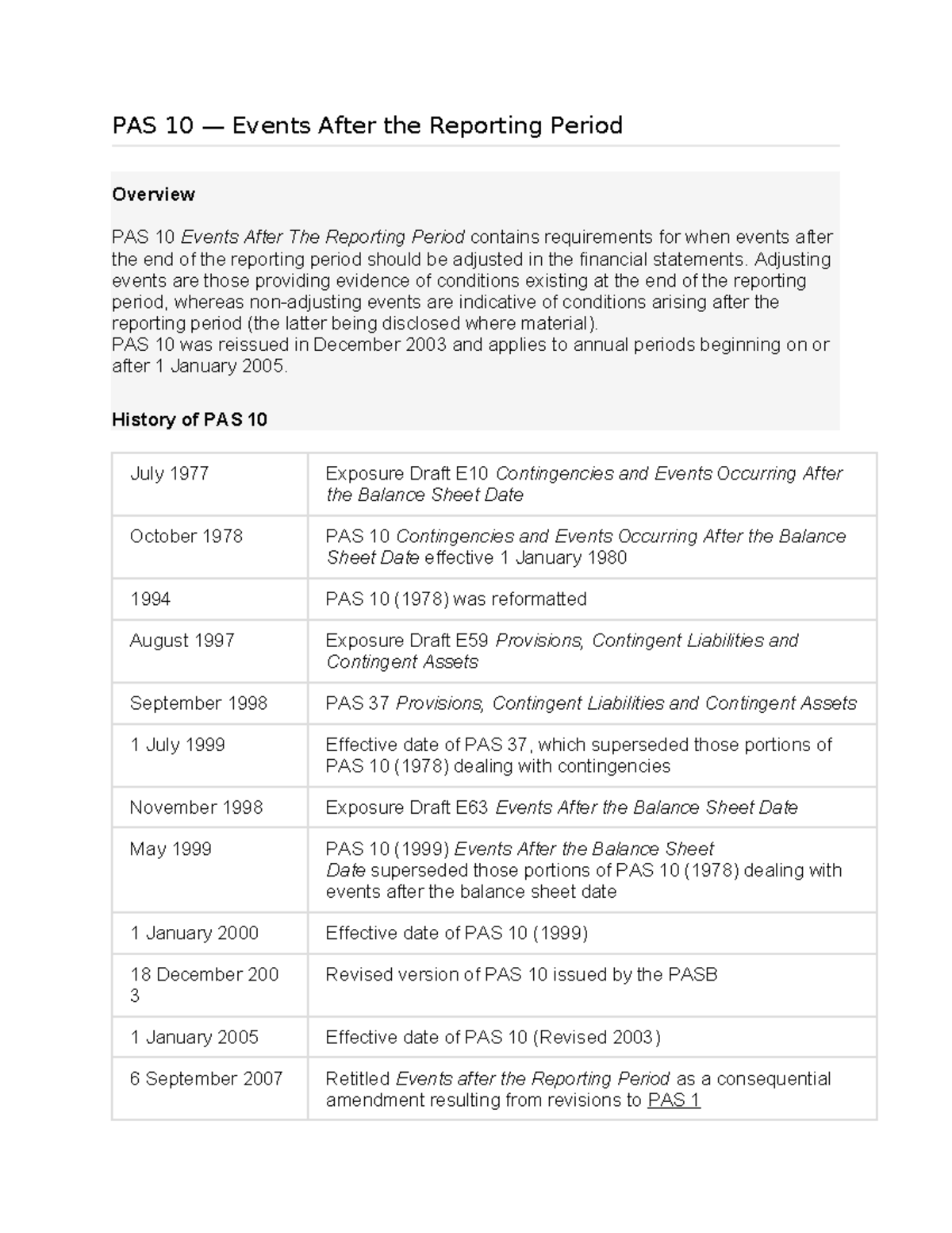 PAS 10 Events after the Reporting Period - PAS 10 — Events After the ...
