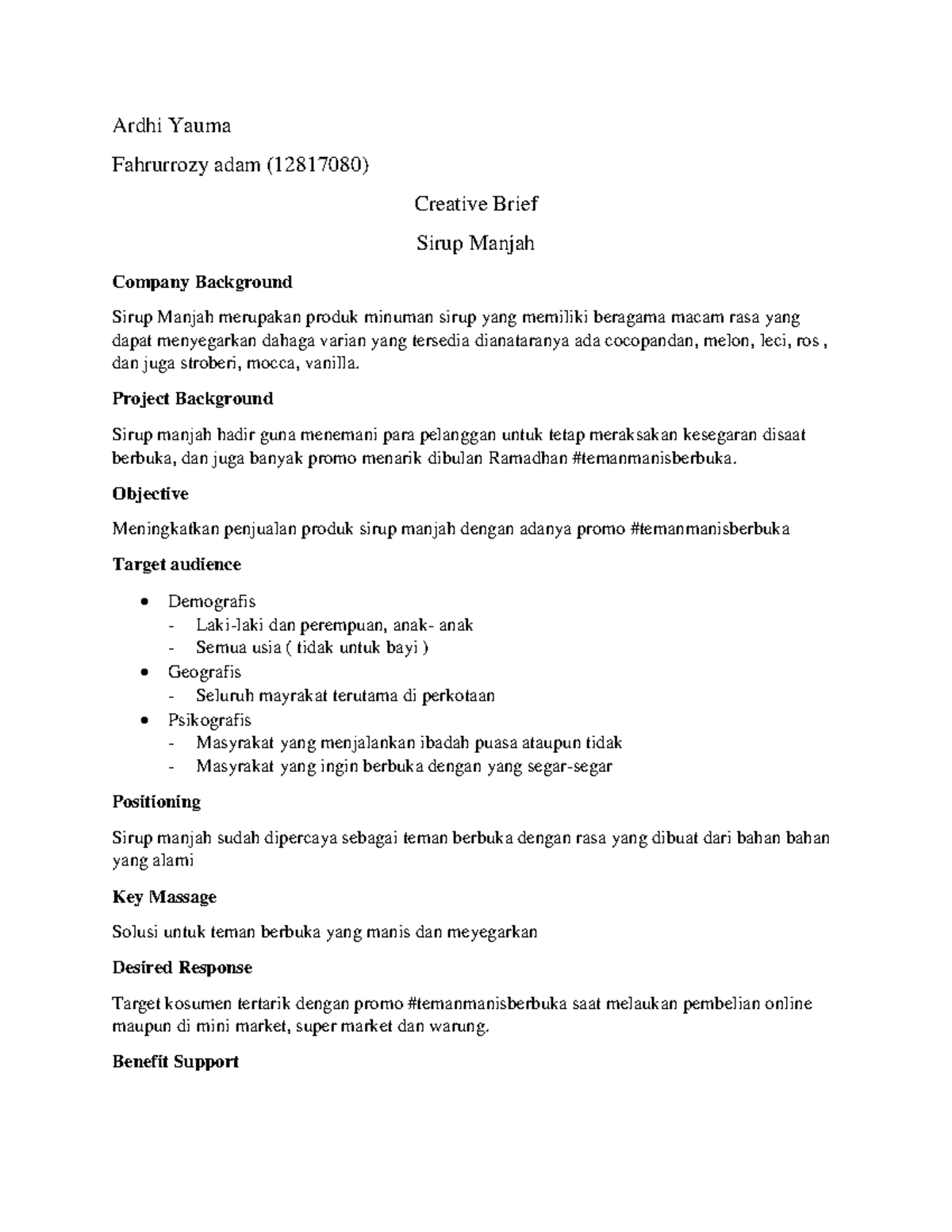 Tugas creative brief iklan - Ardhi Yauma Fahrurrozy adam (12817080 ...