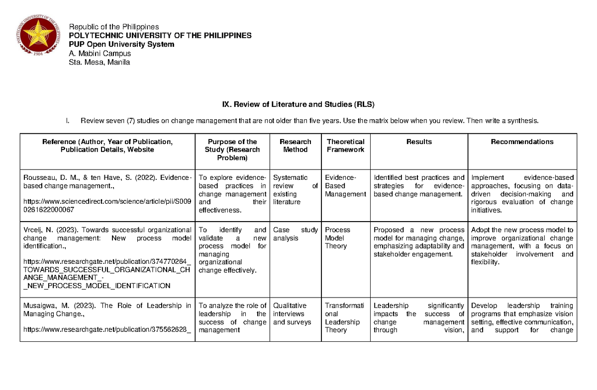 Review of RLS - Answer - POLYTECHNIC UNIVERSITY OF THE PHILIPPINES PUP ...