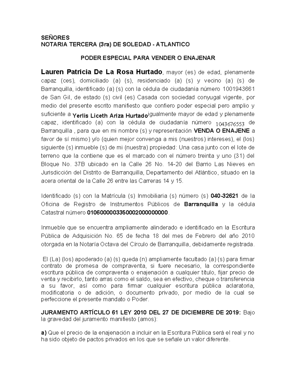 Poder - SEÑORES NOTARIA TERCERA (3ra) DE SOLEDAD - ATLANTICO PODER ...