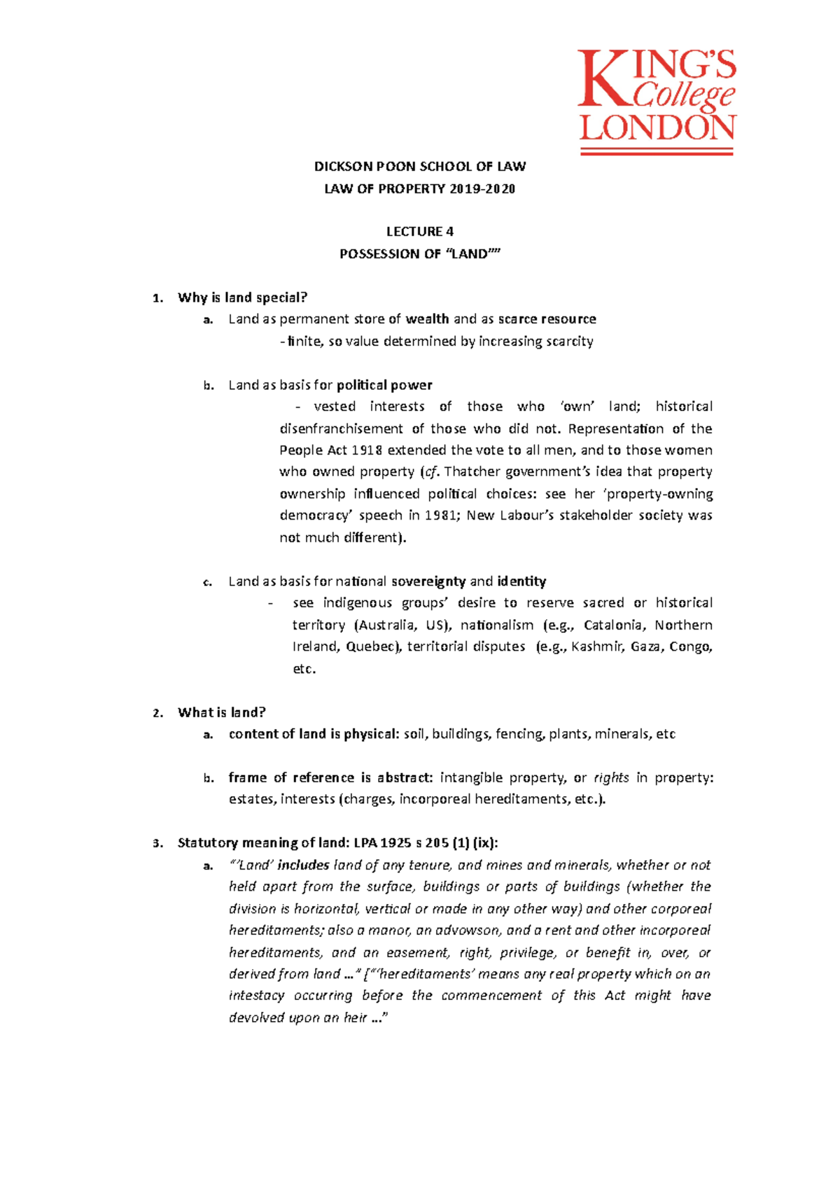 04 Possession of Land - Lecture notes 4 - DICKSON POON SCHOOL OF LAW ...