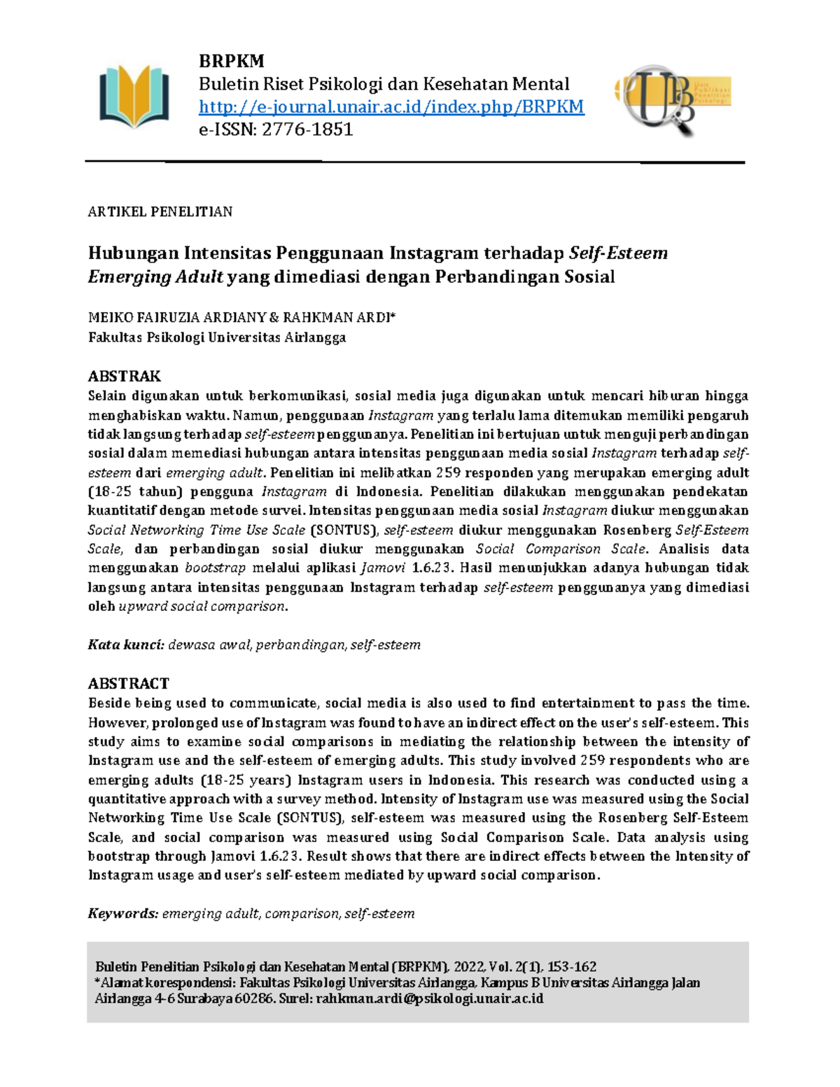 Hubungan Intensitas Penggunaan Instagram terhadap Self-Esteem Emerging Adult yang dimediasi ...
