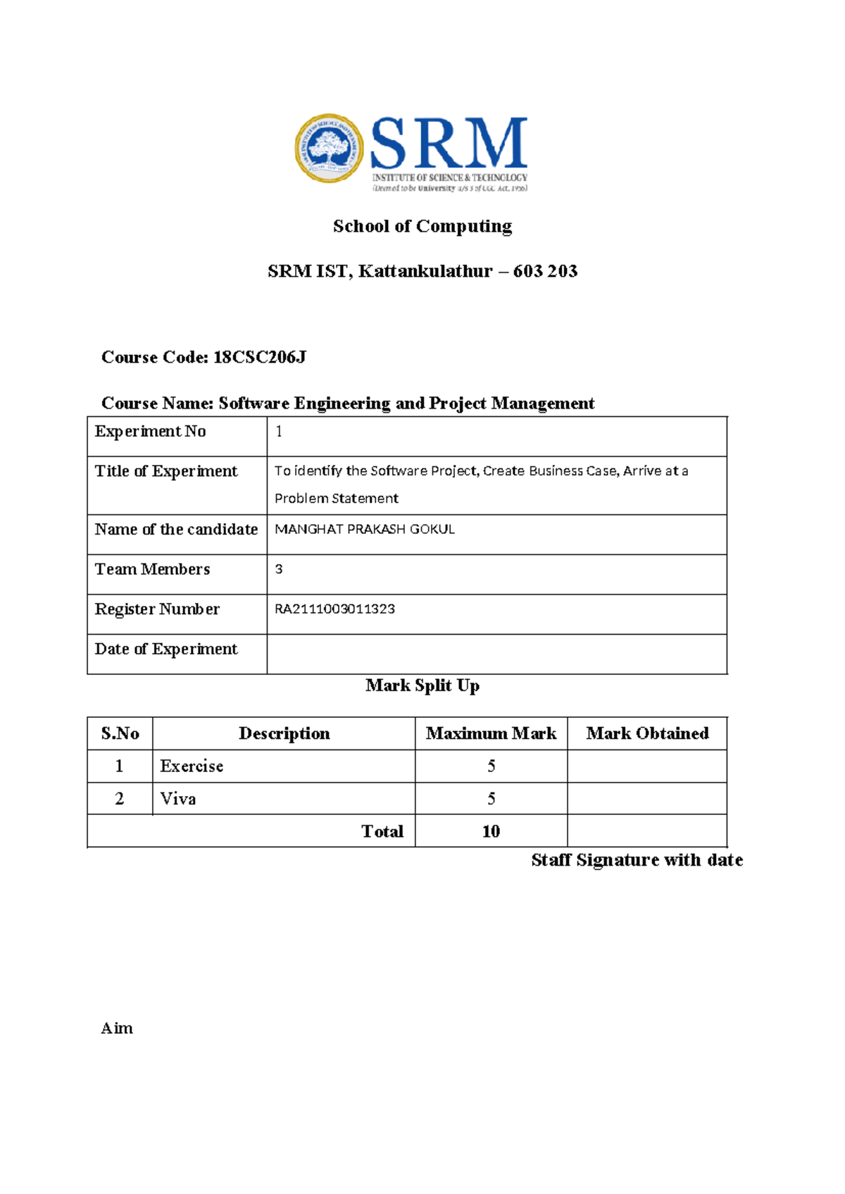 Sepm 1 - sepm - School of Computing SRM IST, Kattankulathur – 603 203 ...