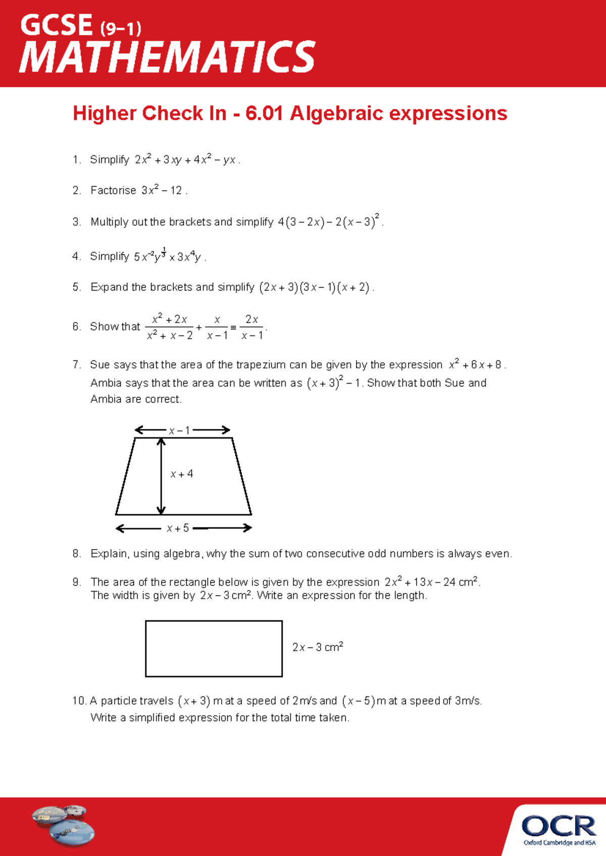 6.01 Algebraic Expressions (H) - Higher Check In - 6 Algebraic ...