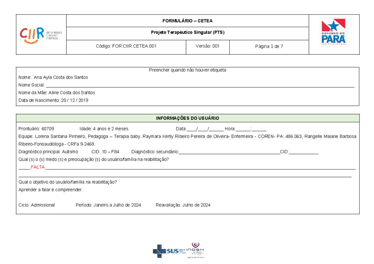 PTS - Henry Gabriel Silva DA CRUZ - Projeto Terapêutico Singular (PTS ...