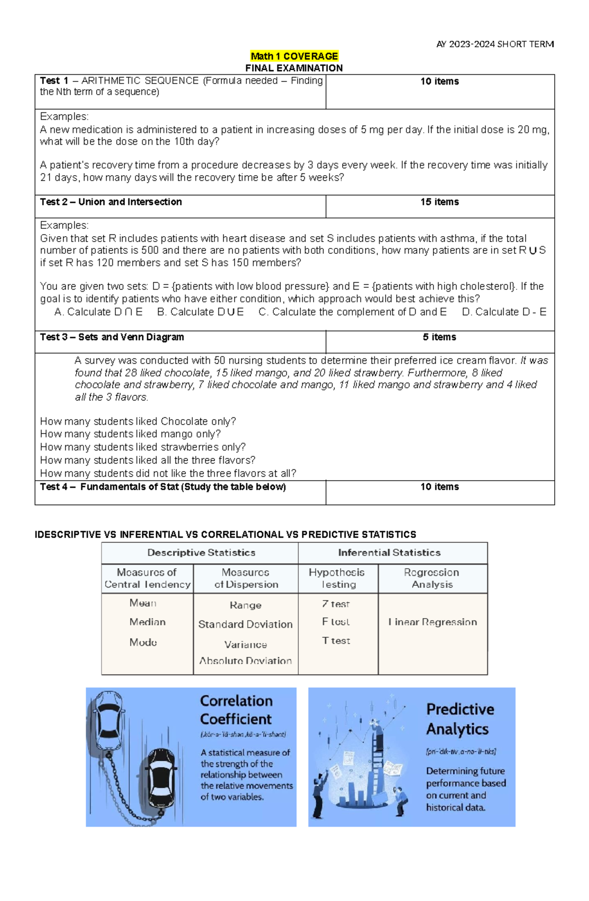 MATH 1 Coverage Final EXAM Short TERM - AY 2023-2024 SHORT TERM Math 1 ...