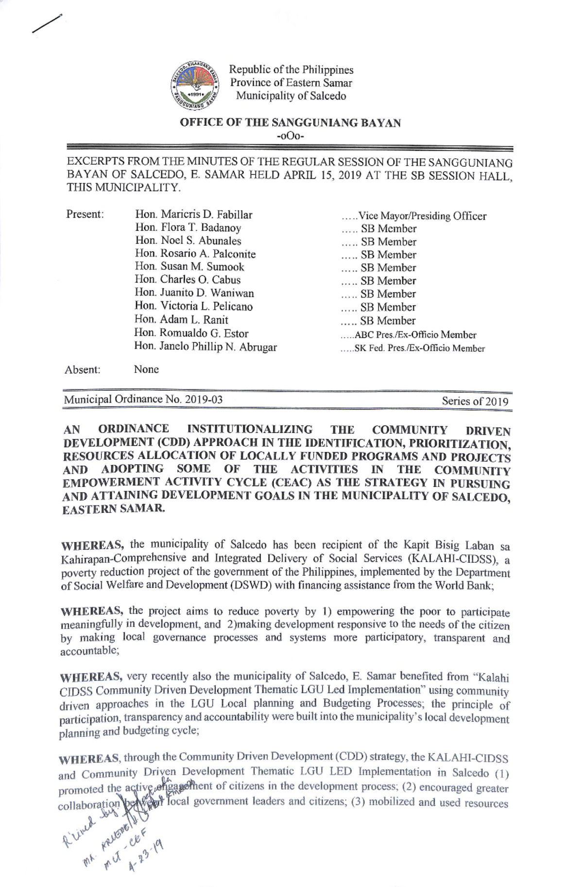 Municipal Ordinance 2019 03 Institutionalizing CDD - Republic of the ...