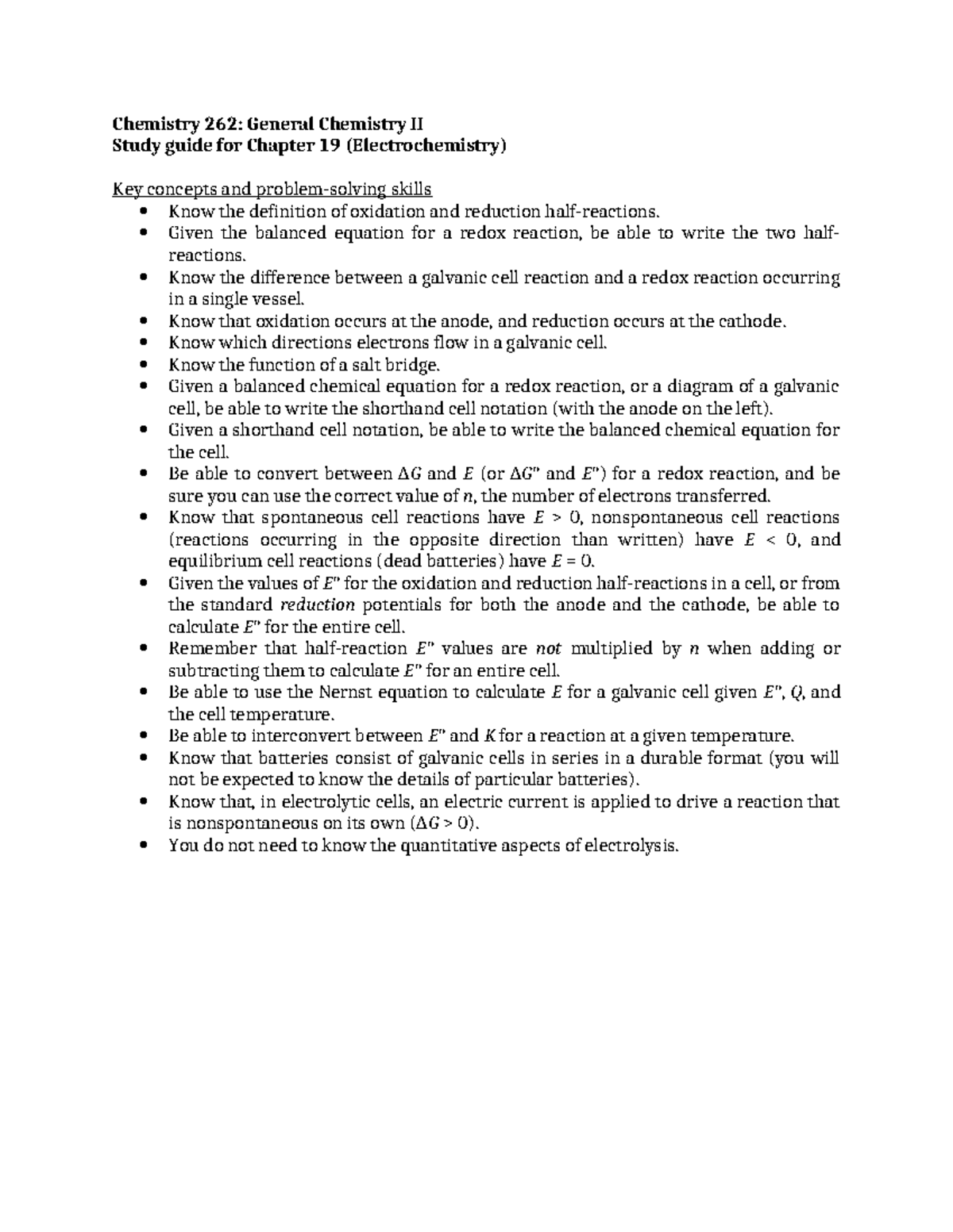 Chapter 19 study guide - Summary General Chemistry Ii - Chemistry 262 ...