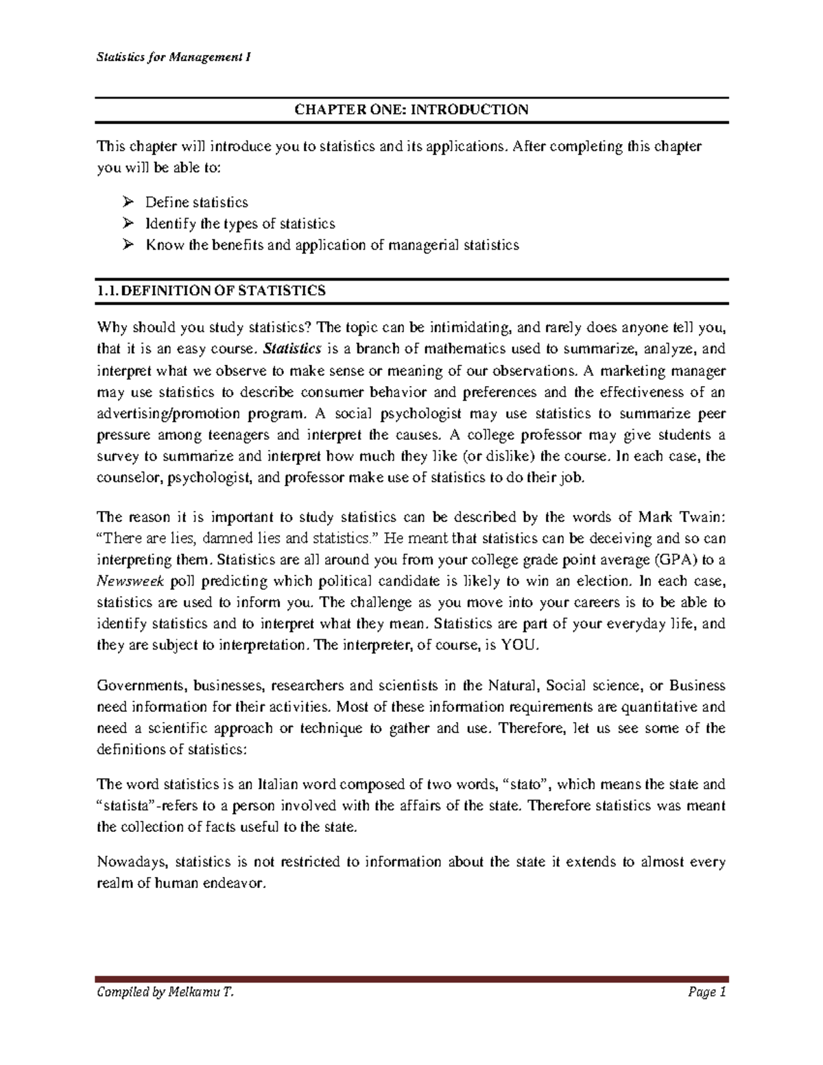 Stastics chapter 1 - CHAPTER ONE: INTRODUCTION This chapter will ...