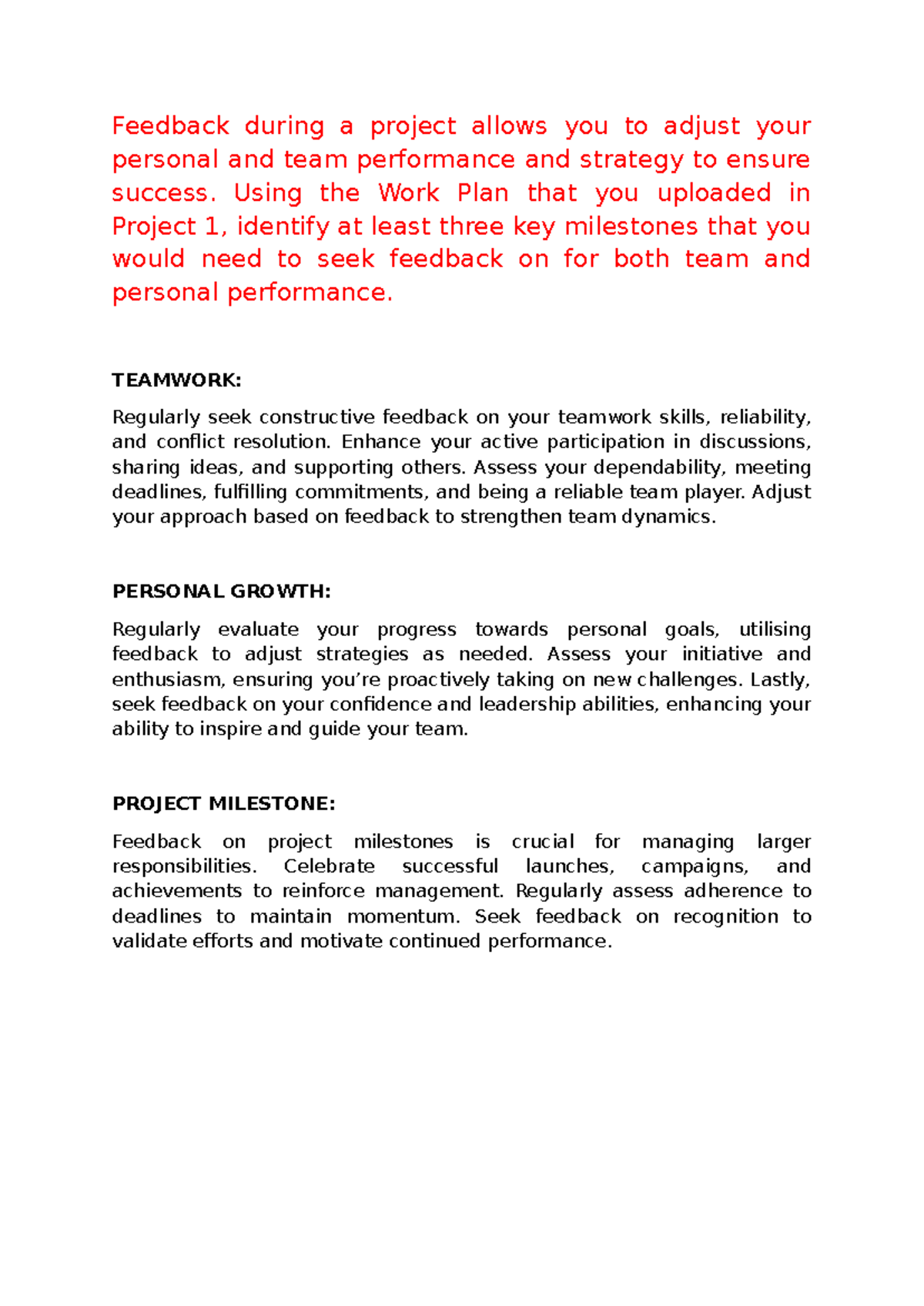 Project Task 2 - Personal Development - Feedback during a project ...