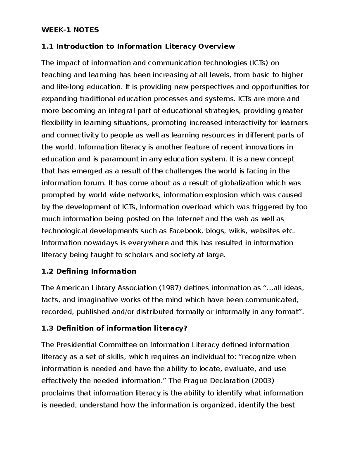 Introduction TO Information Literacy WEEK 1 Notes(3) - WEEK-1 NOTES 1 ...
