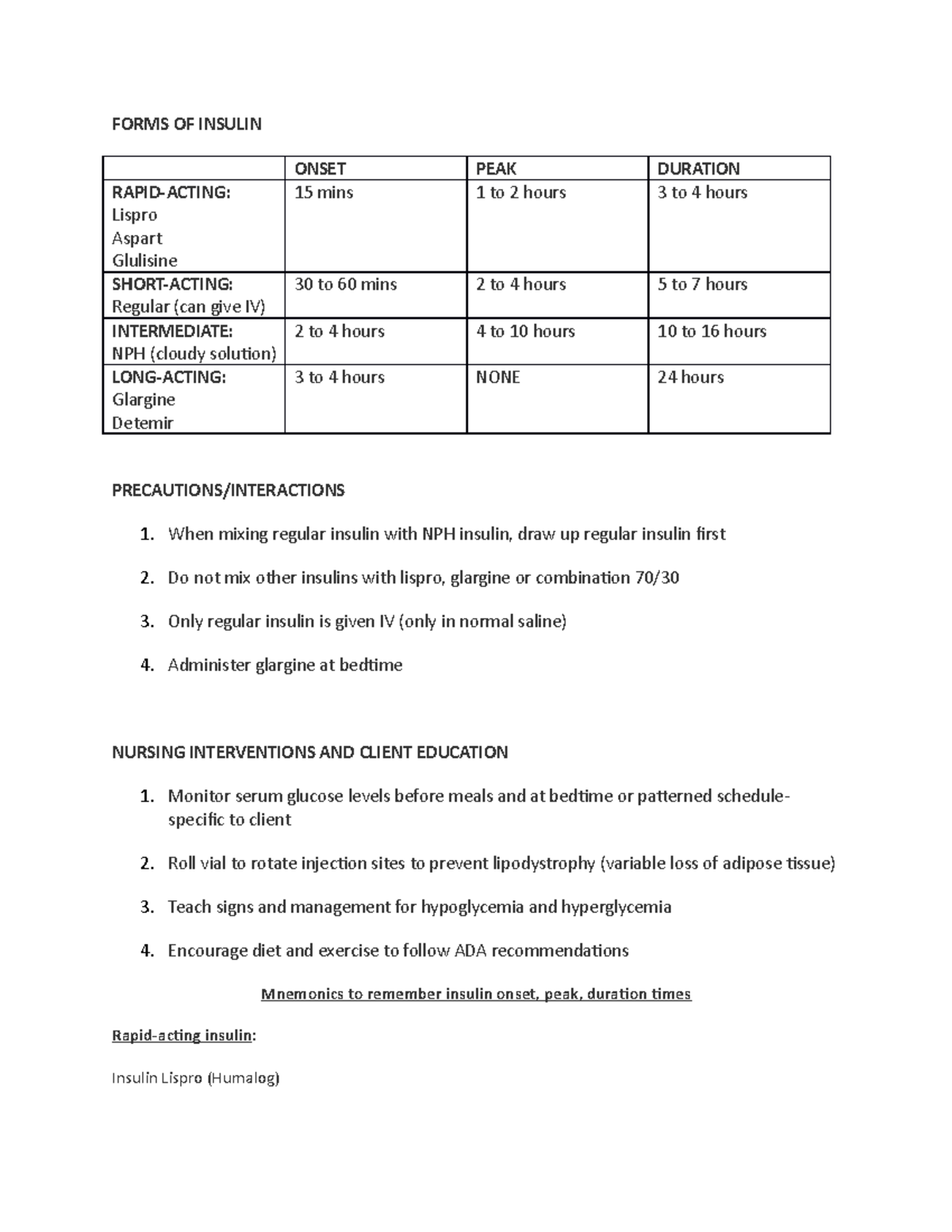 Insulin Review - FORMS OF INSULIN ONSET PEAK DURATION RAPID-ACTING ...