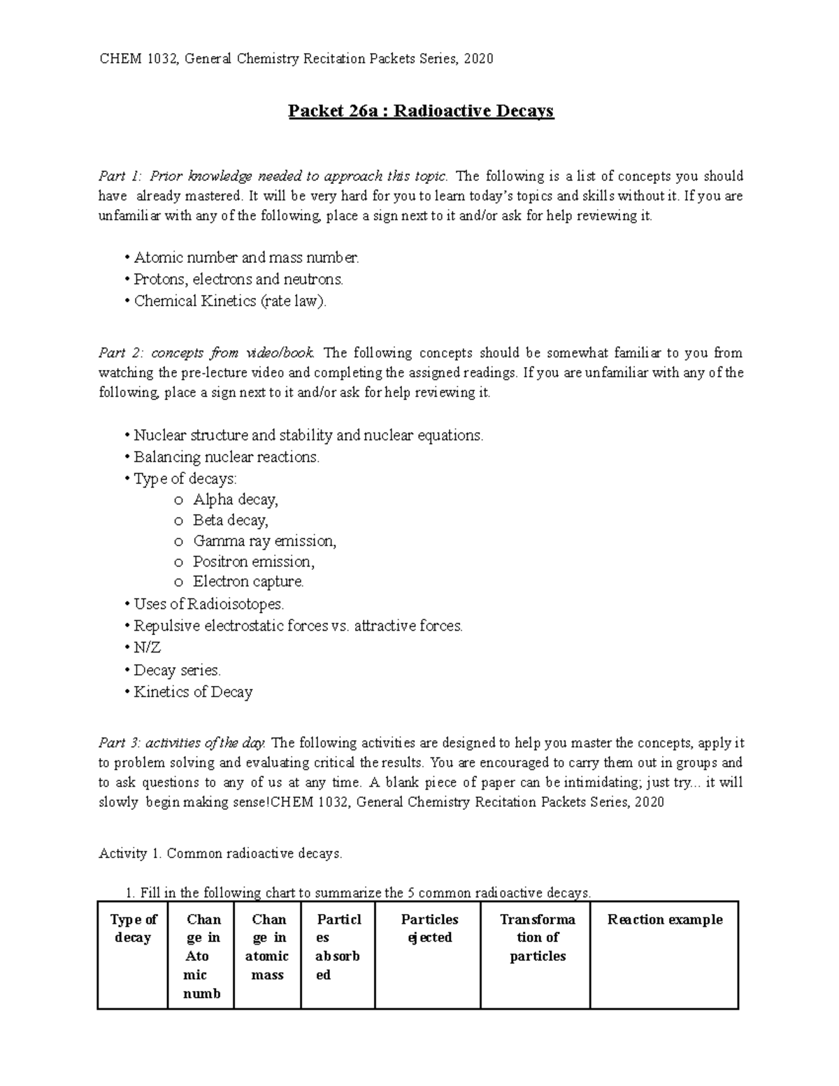 Packet 26a - Nuclear Decays - CHEM 1032, General Chemistry Recitation ...