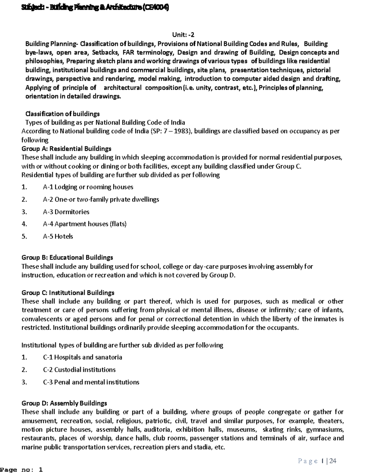 Notes building planning architecture all unit - P a g e 1 | 24 Unit ...