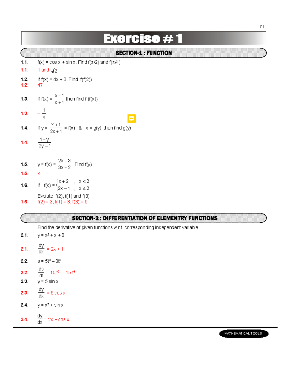 Relation and function ,differentiation,integration - SECTION- 1 : FUNCTION f(x) = cos x + sin x ...