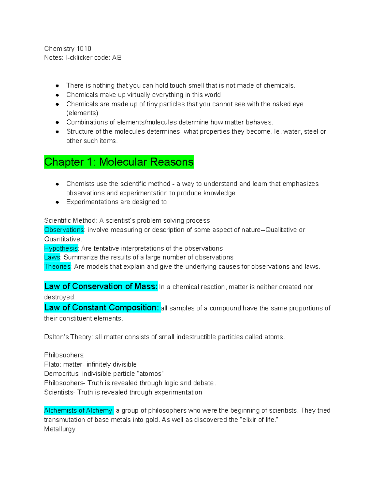 Chemistry 1010 Notes - Chemicals make up virtually everything in this ...