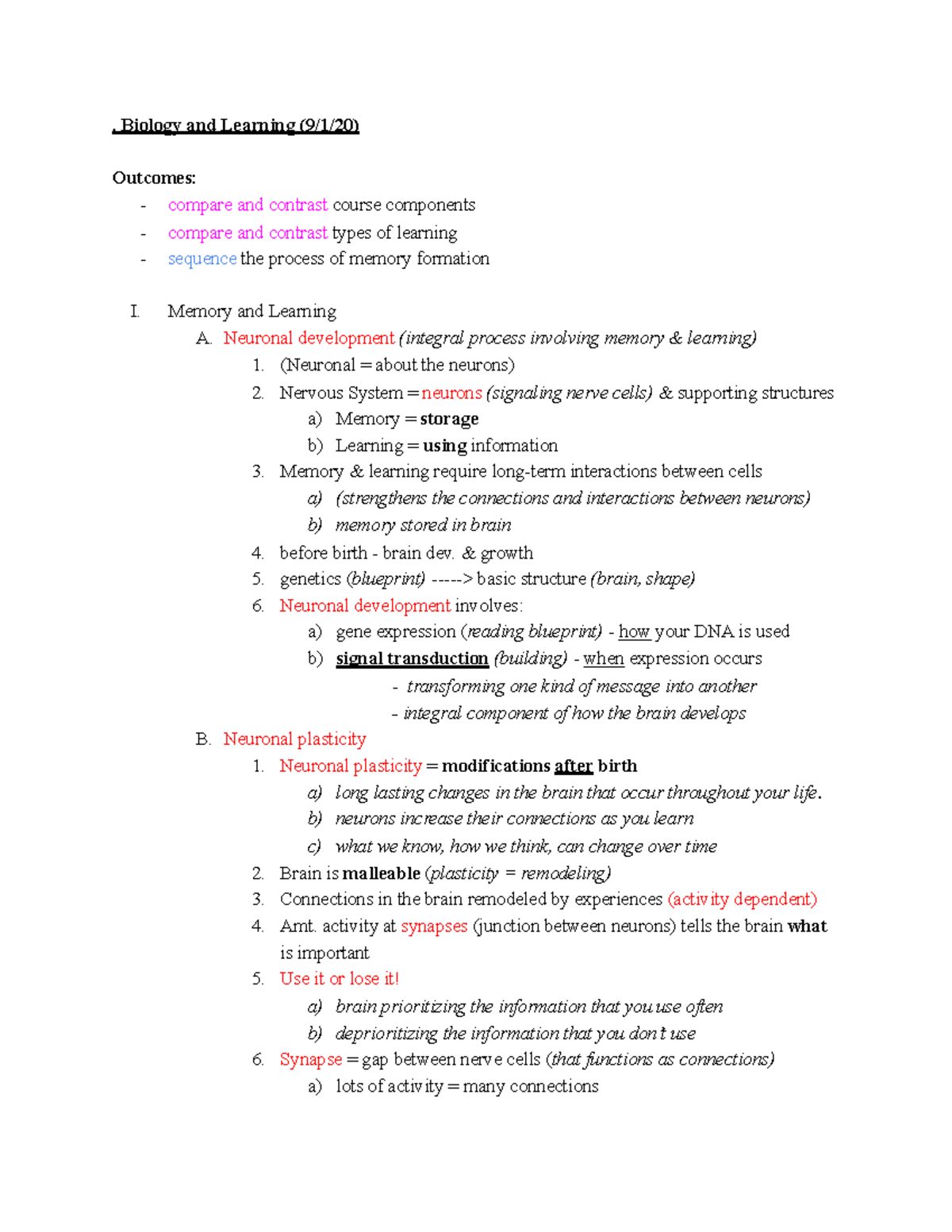 ALL Lecture Notes - . Biology and Learning (9/1/20) Outcomes: - compare ...