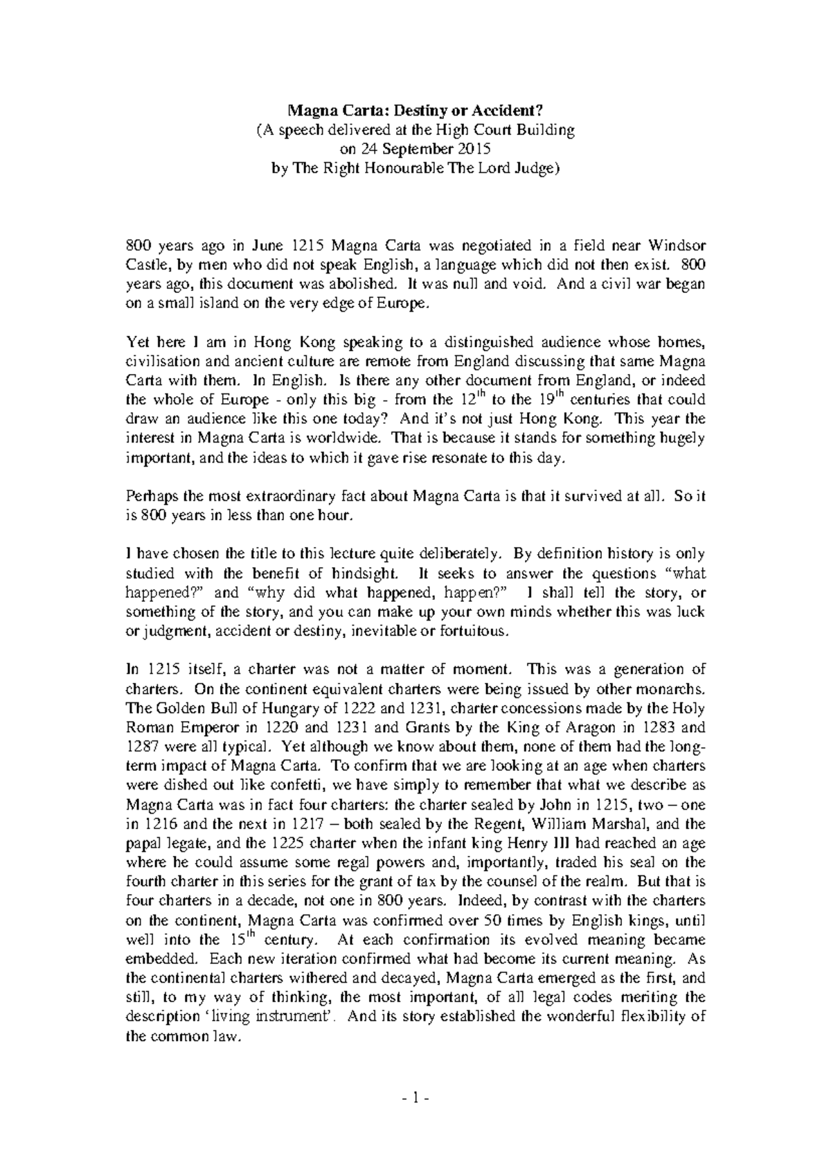 2) Magna Carta - Reading material - Magna Carta: Destiny or Accident ...