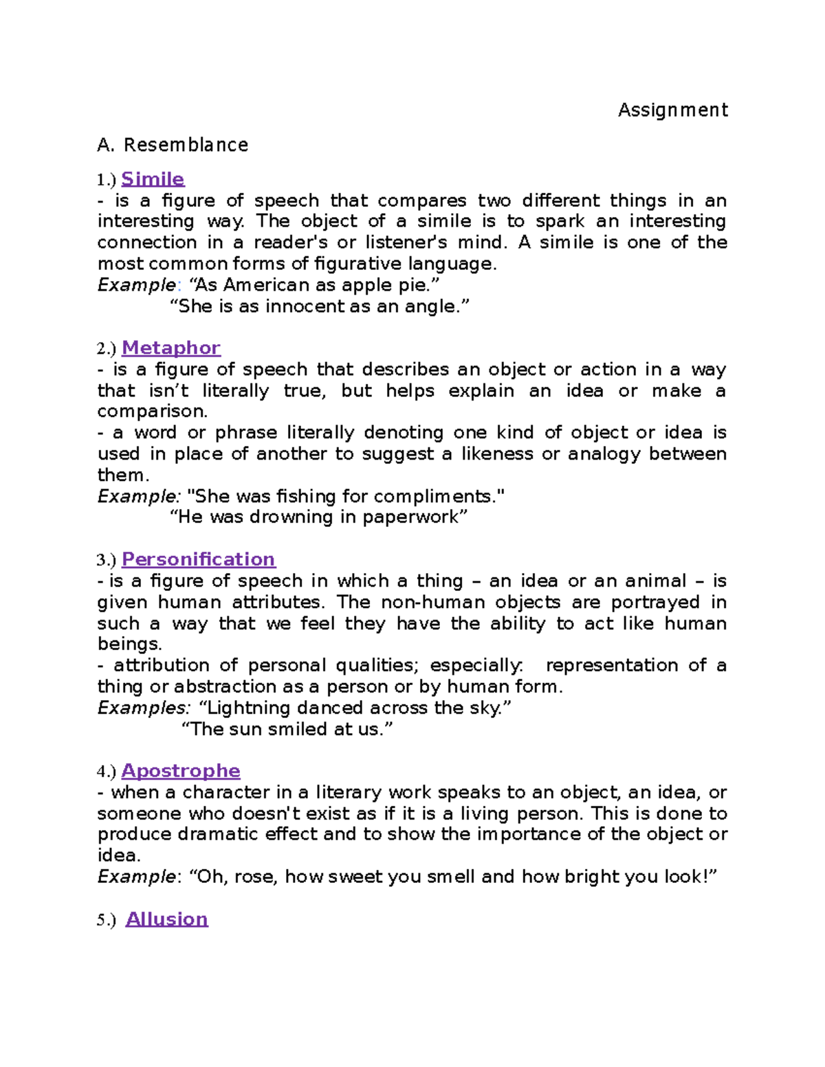 Assignment - Literature - Assignment A. Resemblance 1.) Simile is a ...
