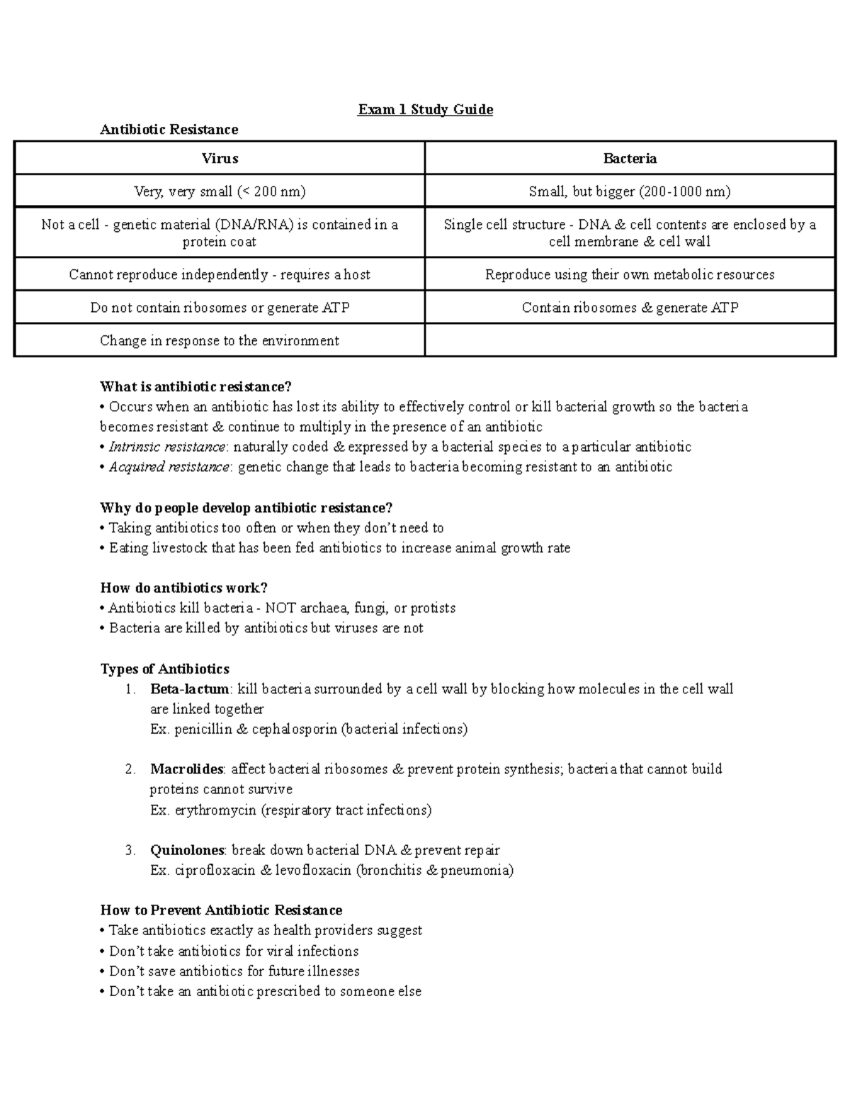2020-BIO 150-study guide 1 - Exam 1 Study Guide Antibiotic Resistance ...