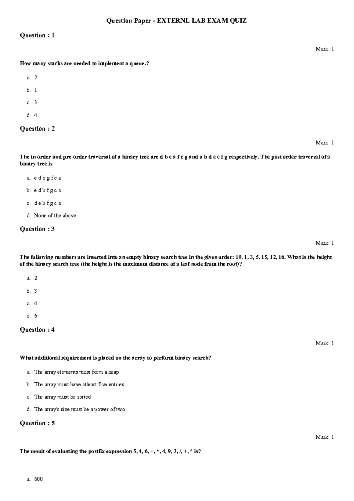 Question paper - notes - Question Paper - EXTERNL LAB EXAM QUIZ ...