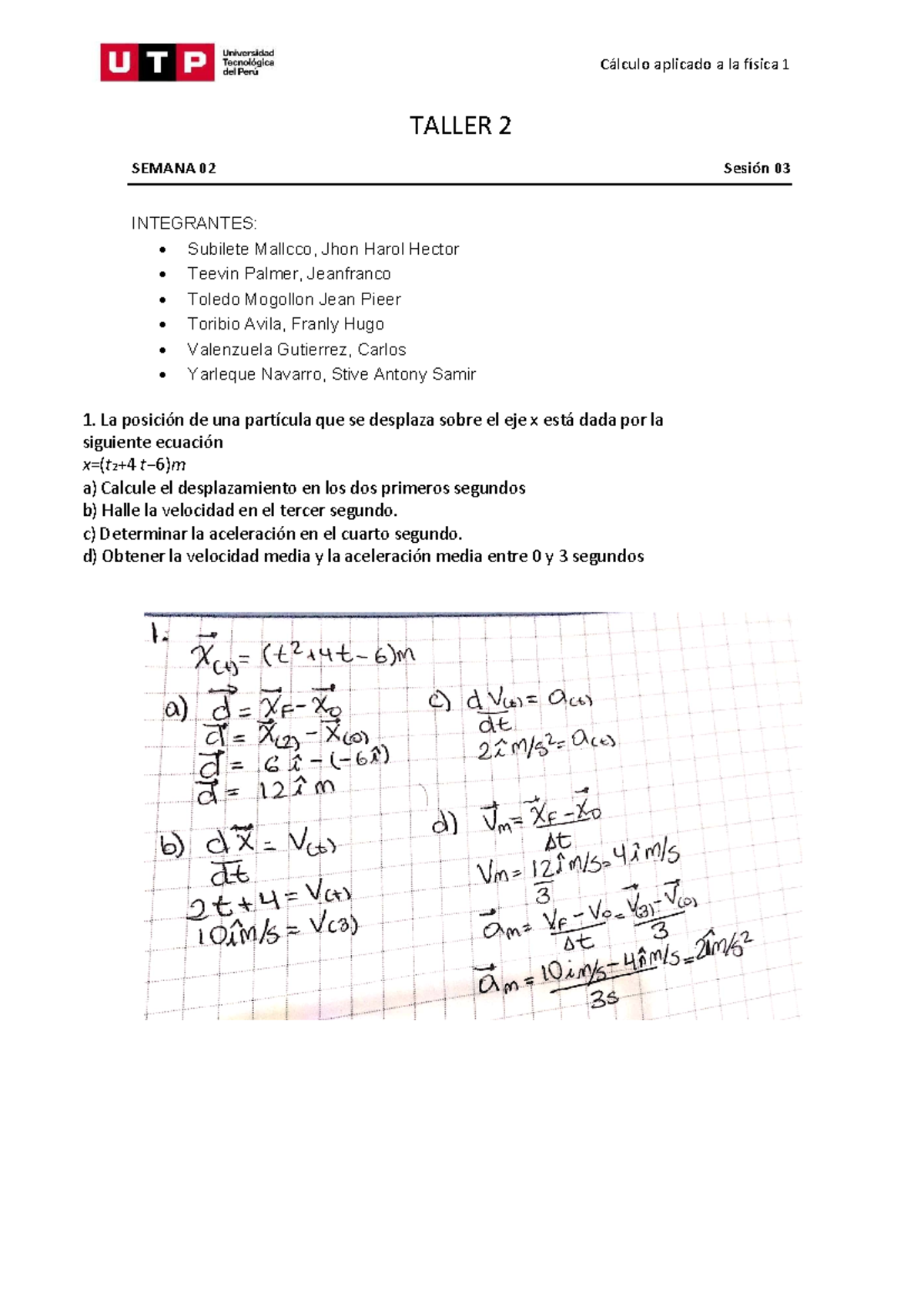 S02.s3 - Ejercicios Taller 2 resolución - TALLER 2 Cálculo aplicado a la física 1 SEMANA 02 ...