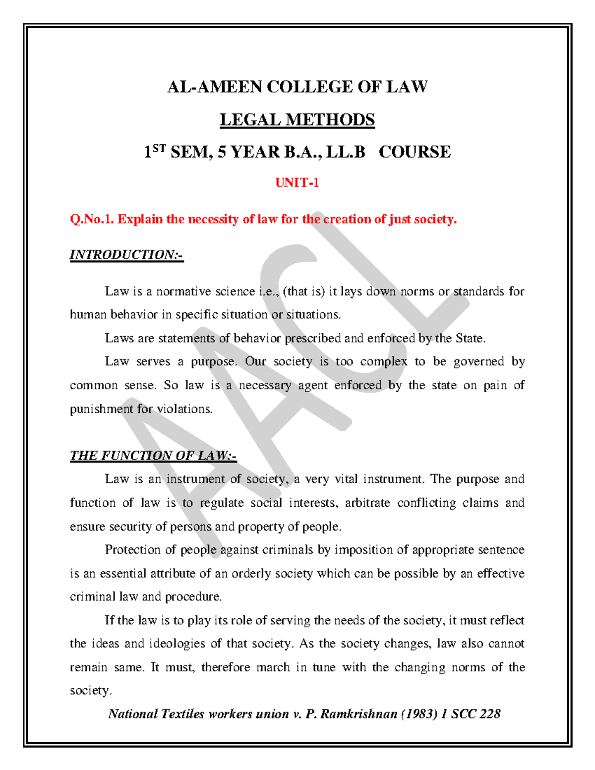 Q nd A - AL-AMEEN COLLEGE OF LAW LEGAL METHODS 1 ST SEM, 5 YEAR B., LL COURSE UNIT- 1 Q.No ...