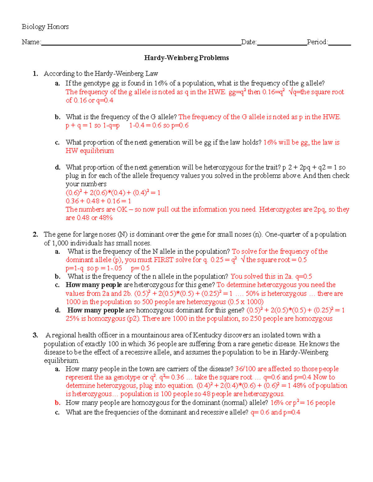 KEY+Hardy-Weinberg+All+Practice+Problems+NO+textbook - Biology Honors ...