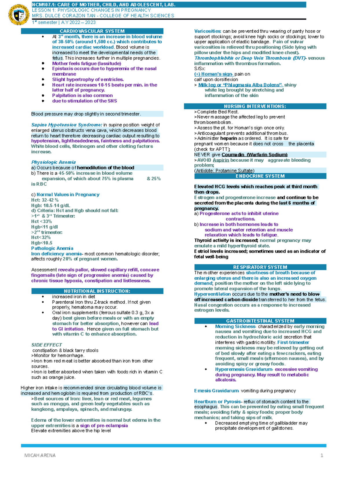 NCM107A (OB) Physiological Changes IN Pregnancy - CARDIOVASCULAR SYSTEM ...