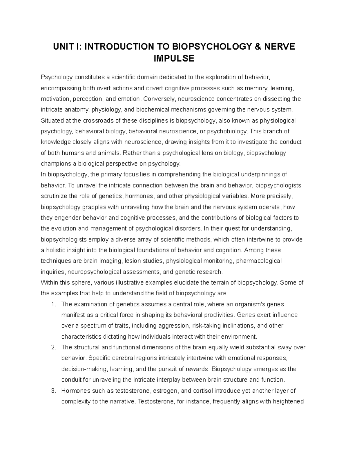 Biopsychology Unit 1 - UNIT I: INTRODUCTION TO BIOPSYCHOLOGY & NERVE ...