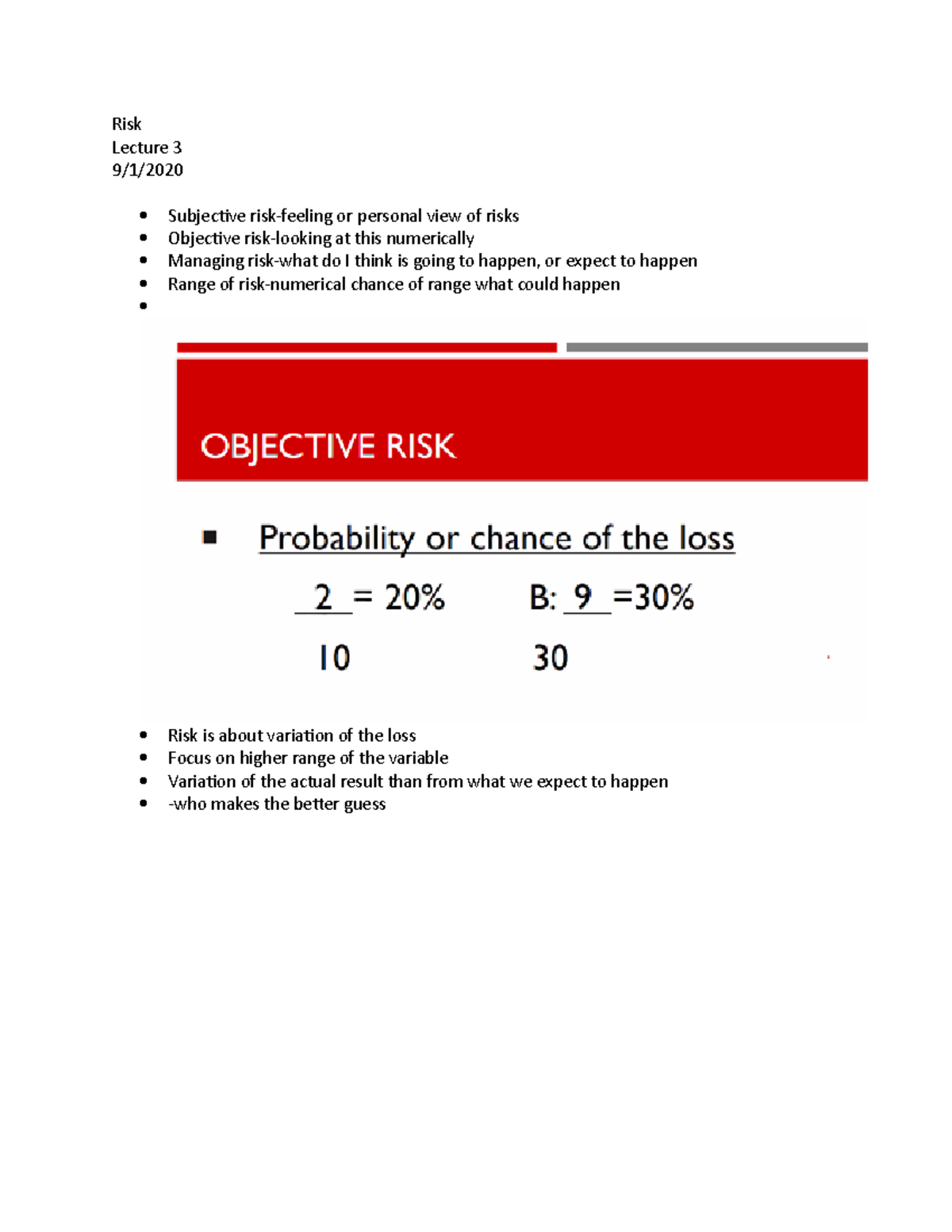 Intro to risk management lecture notes qcdwdfwfw - Risk Lecture 3 9/1 ...