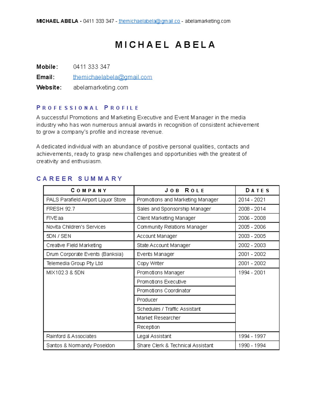 Michael Abela - Resume 2021 revised - MICHAEL ABELA - 0411 333 347 ...